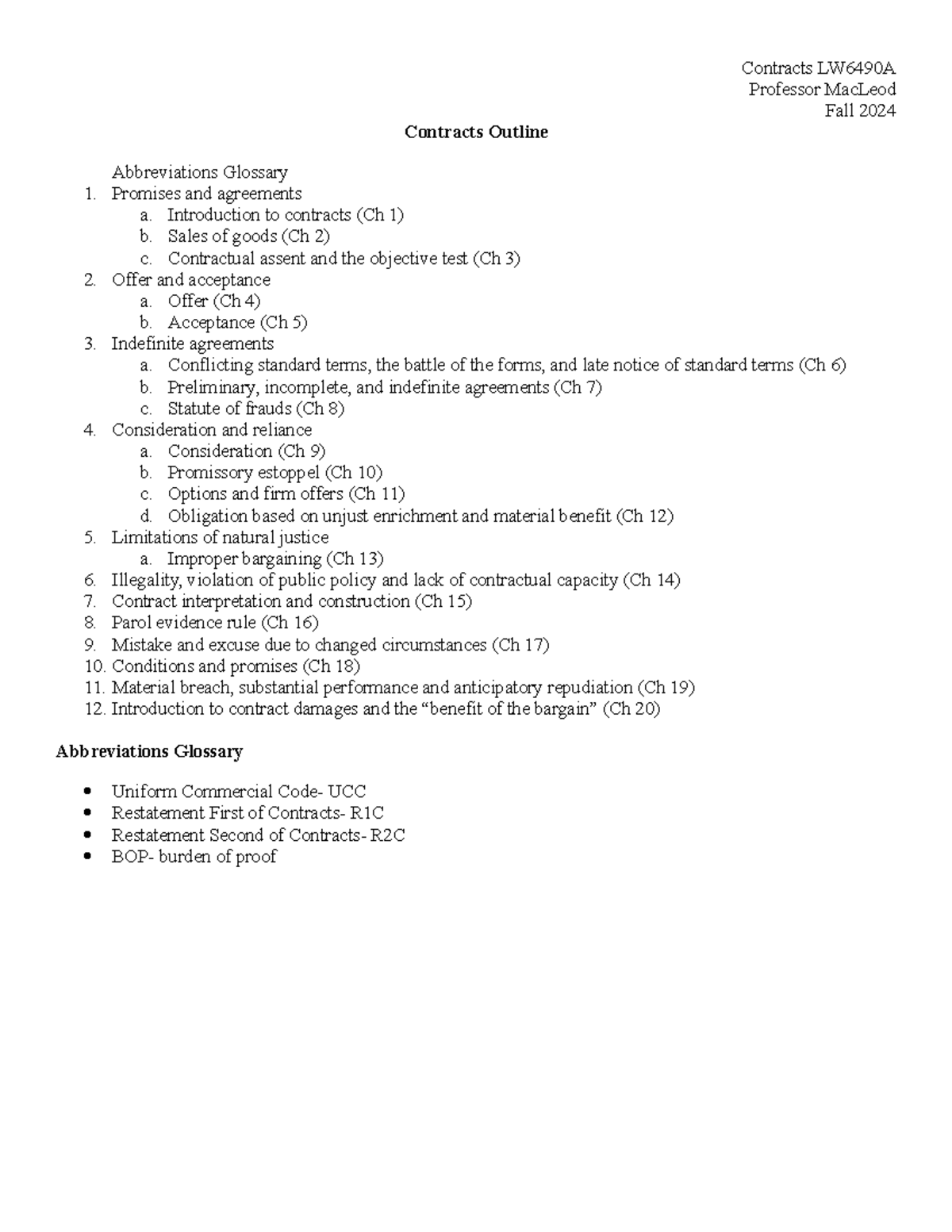 Contracts Outline LW6490A - Comprehensive Study Guide for Professor ...