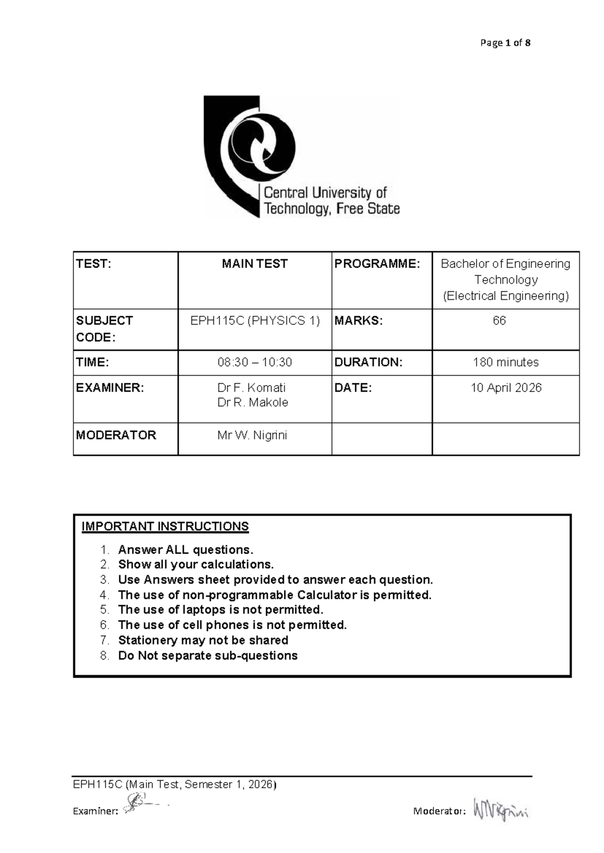 EPH115C Main Test - Physics 1 (Semester 1, 2026) - Studocu
