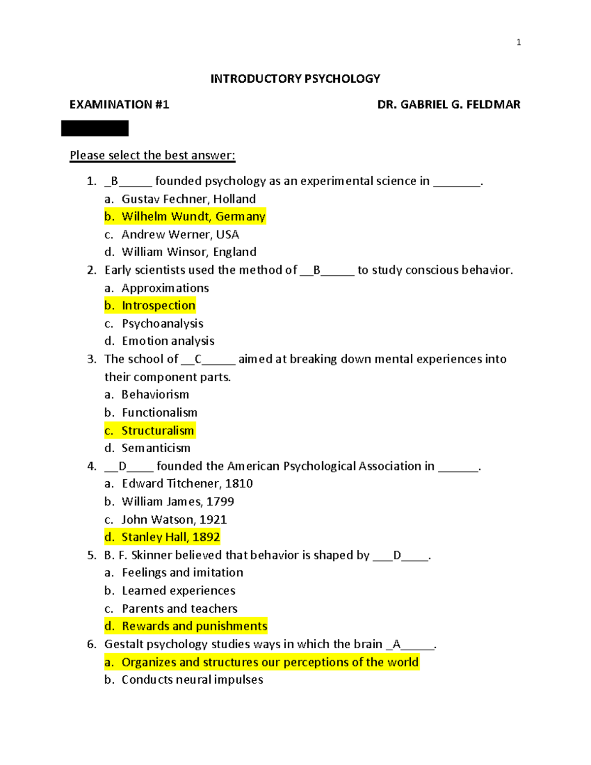 Introductory Psychology Exam 1 - Practice Questions with Answers - Studocu