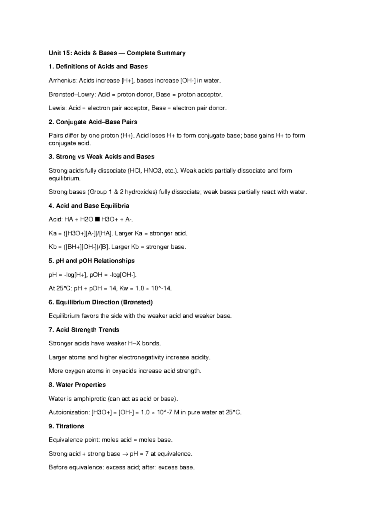 Unit 15: Acids and Bases Comprehensive Summary - Studocu