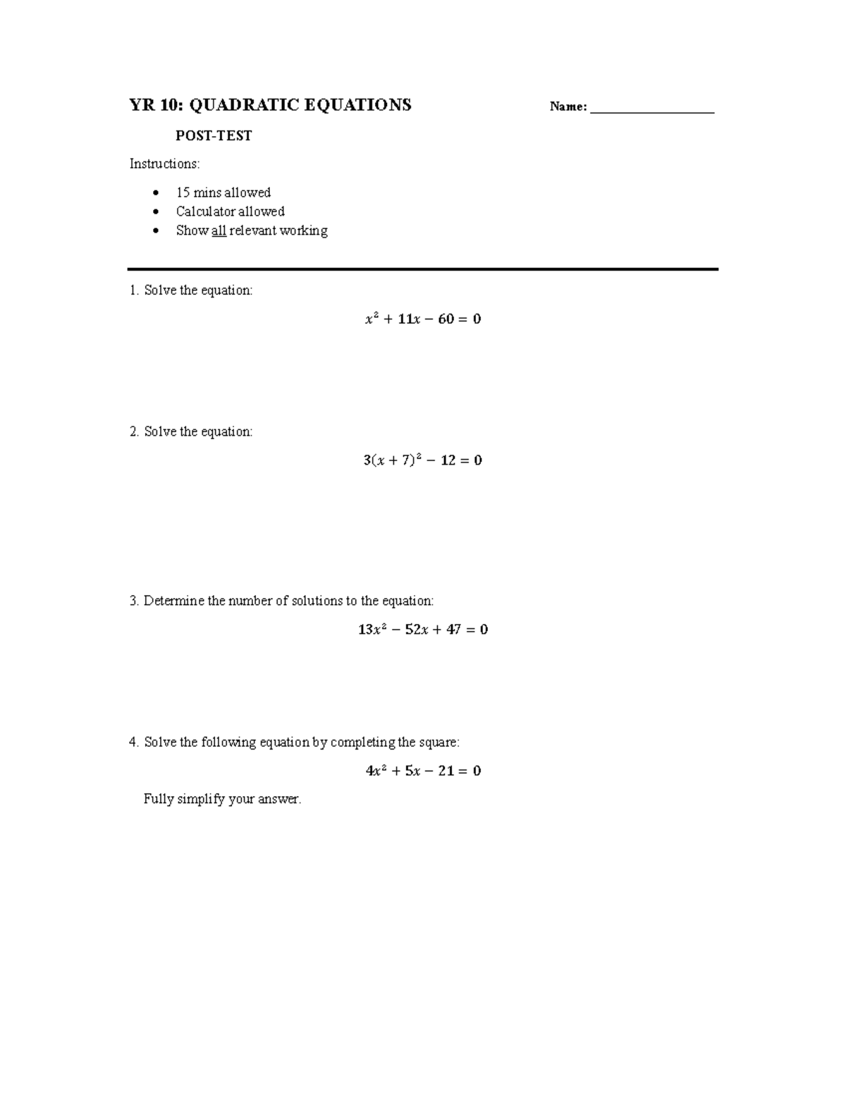 YR 10 - Quadratic Equations - Post-Test and Revision Checklist - Studocu