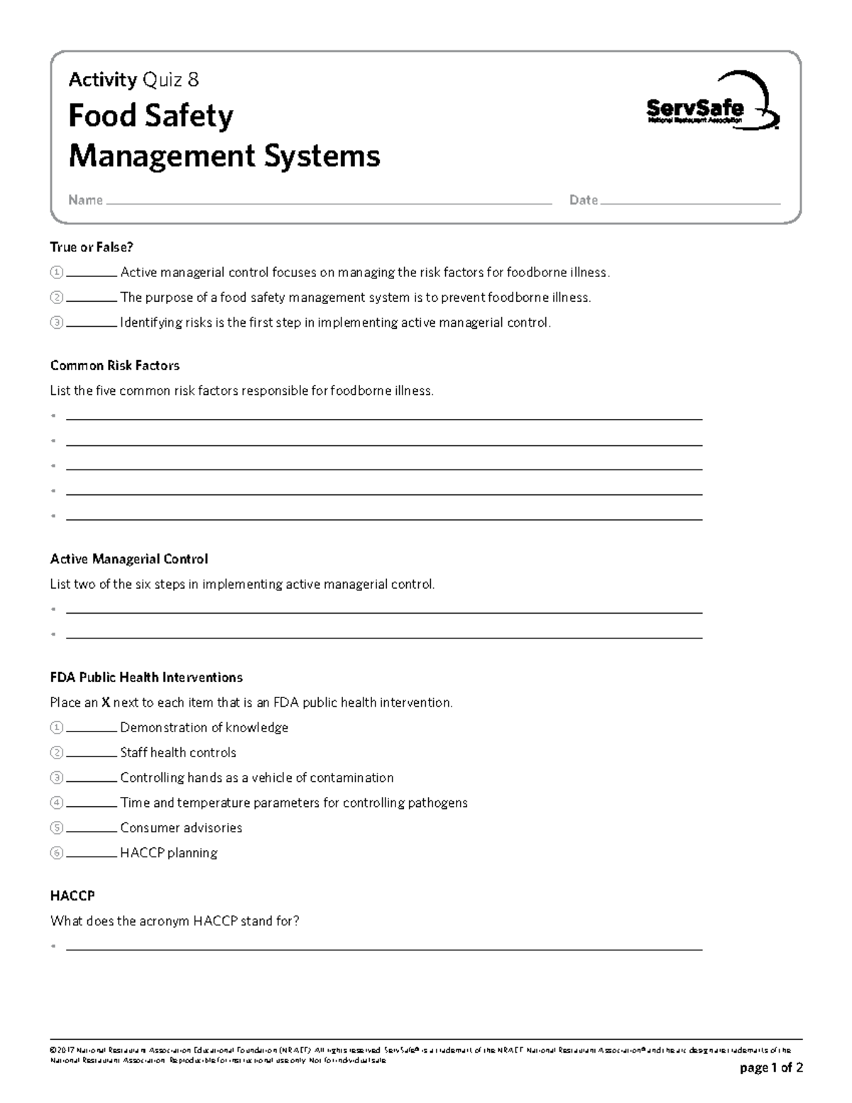 Quiz 8: Food Safety Management Systems - Key Concepts Review - Studocu
