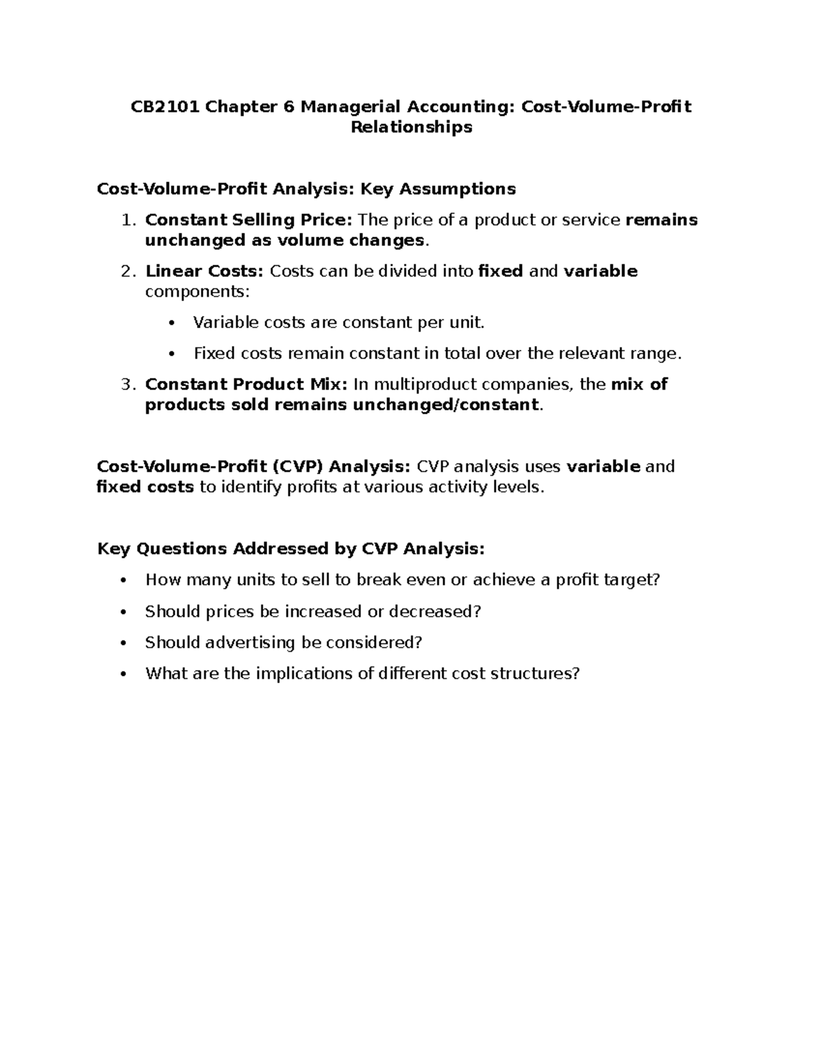 CB2101 Chapter 6 Managerial Accounting: CVP Analysis Summary Notes ...