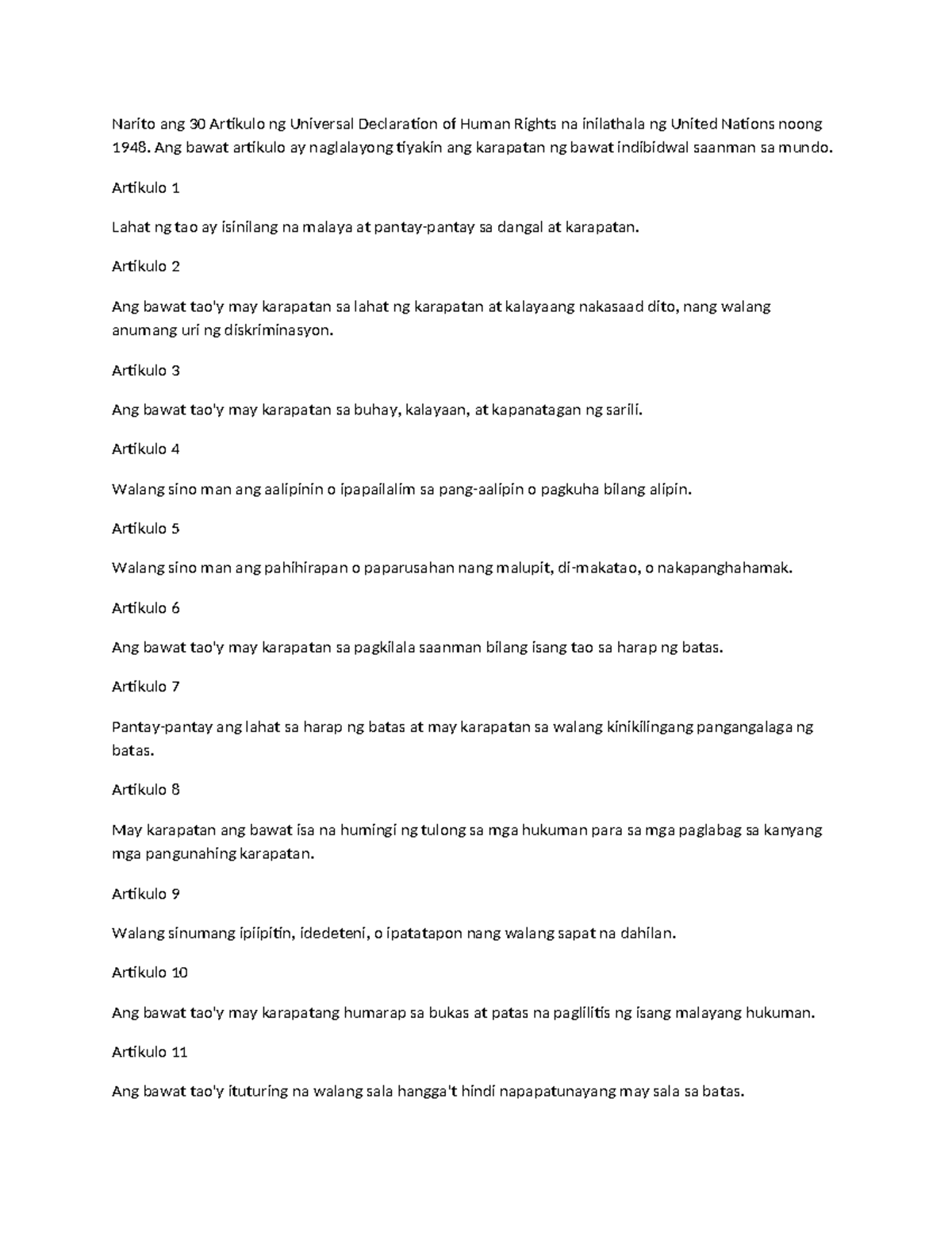 Artikulo ng Universal Declaration of Human Rights at Responsibilidad ...