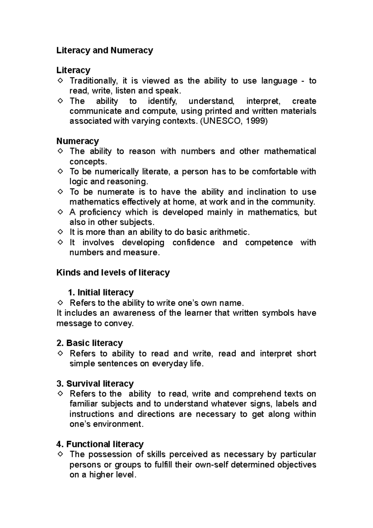 Literacy and Numeracy - LTS Lecture - Literacy and Numeracy Literacy ...