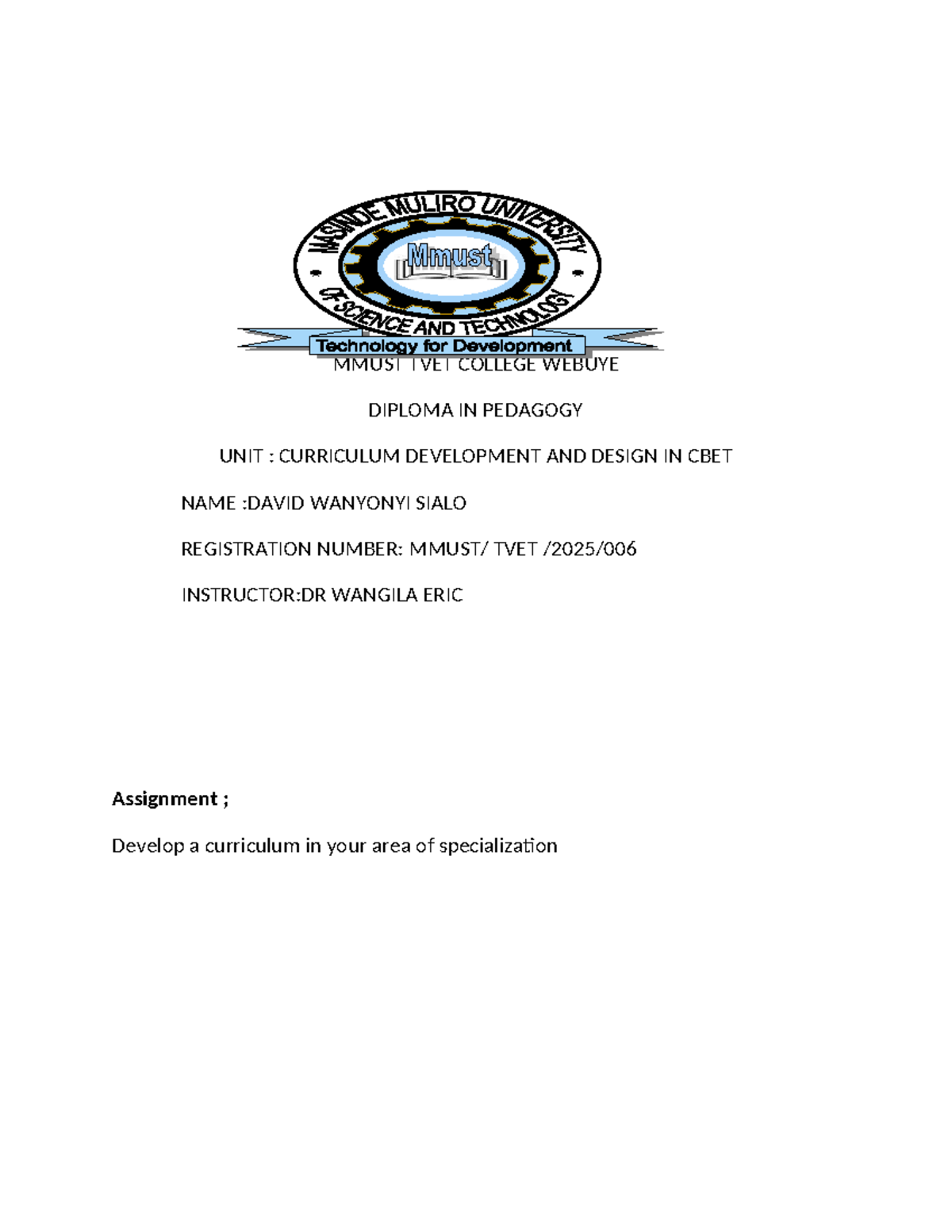 MMUST TVET College Curriculum Design Assignment: Electrical ...