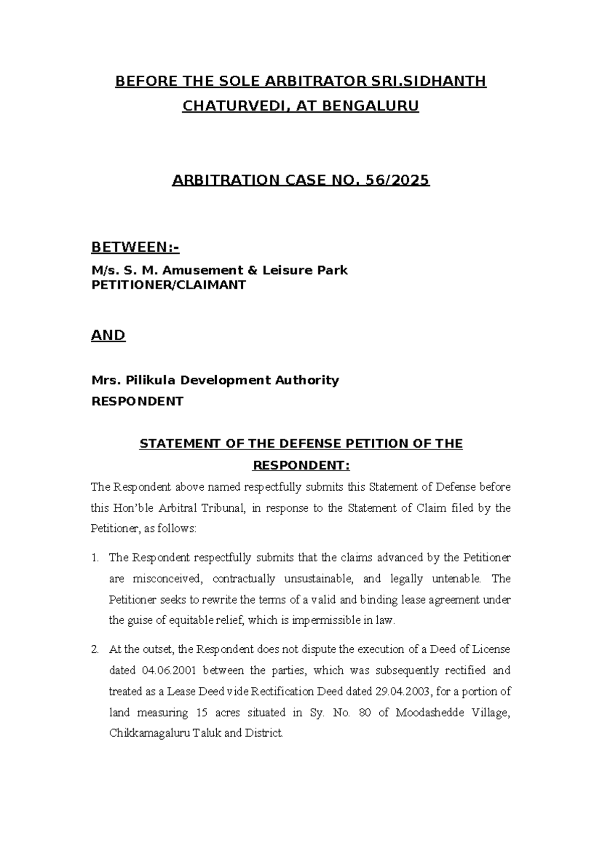 Statement of Defense in Arbitration Case No. S.M. Amusement vs. Mrs ...