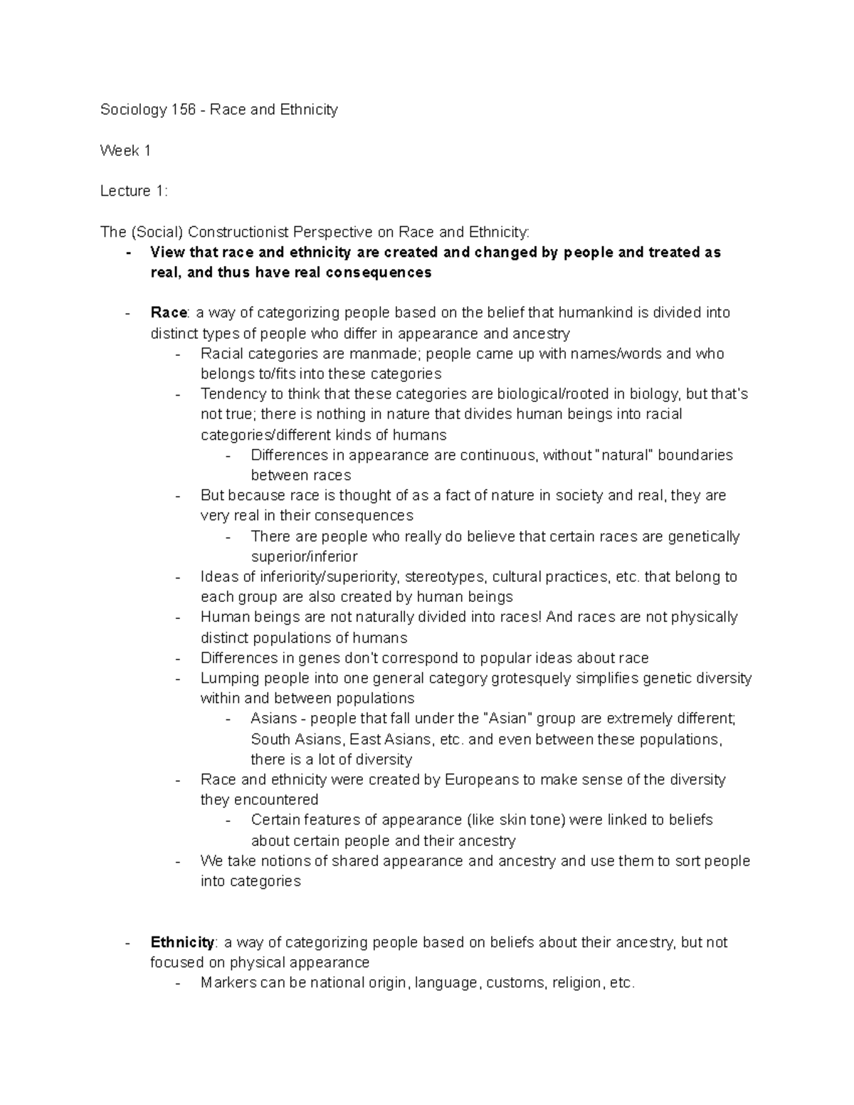 Soc 156 notes - Sociology 156 - Race and Ethnicity Week 1 Lecture 1 ...