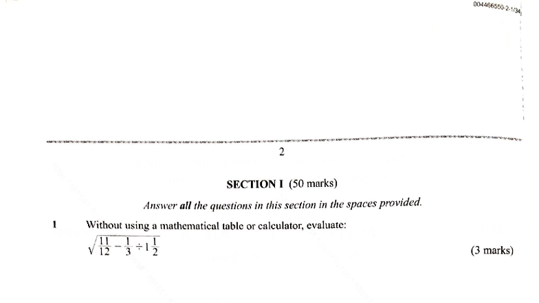 Calculus Questions for KCSE 2025 - Section I & II - Studocu