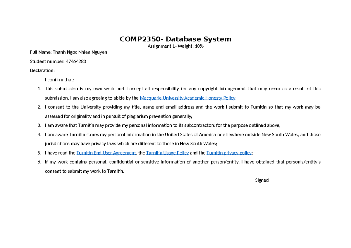 COMP2350 Assignment 1 Submission and Academic Honesty Declaration - Studocu