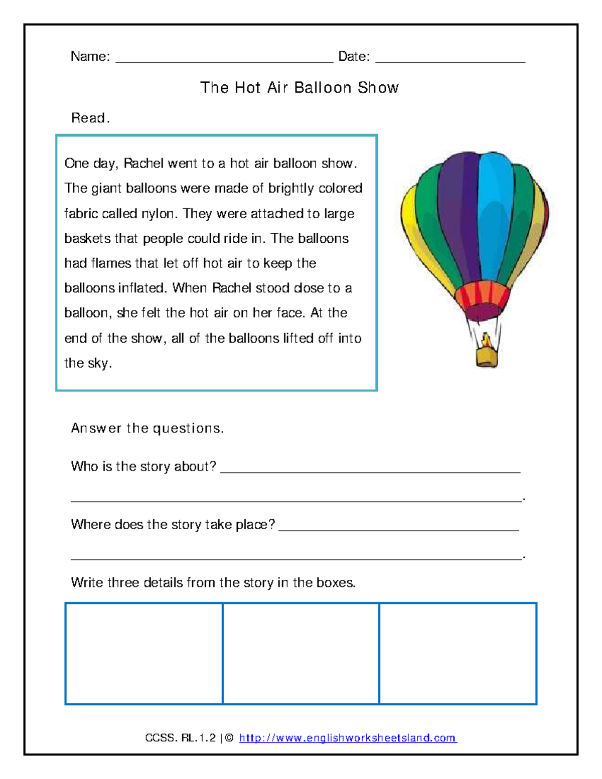 The Hot Air Balloon Show - CCSS. RL.1.2 Summary and Questions - Studocu