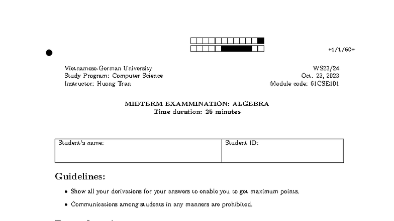 Algebra Midterm Exam 61CSE101 - October 23, 2023 - Studocu