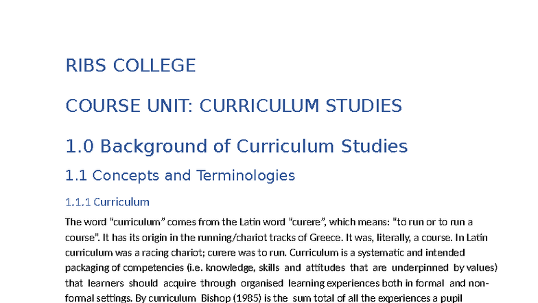 Curriculum Studies: Foundations and Concepts (EDU 101) - Studocu