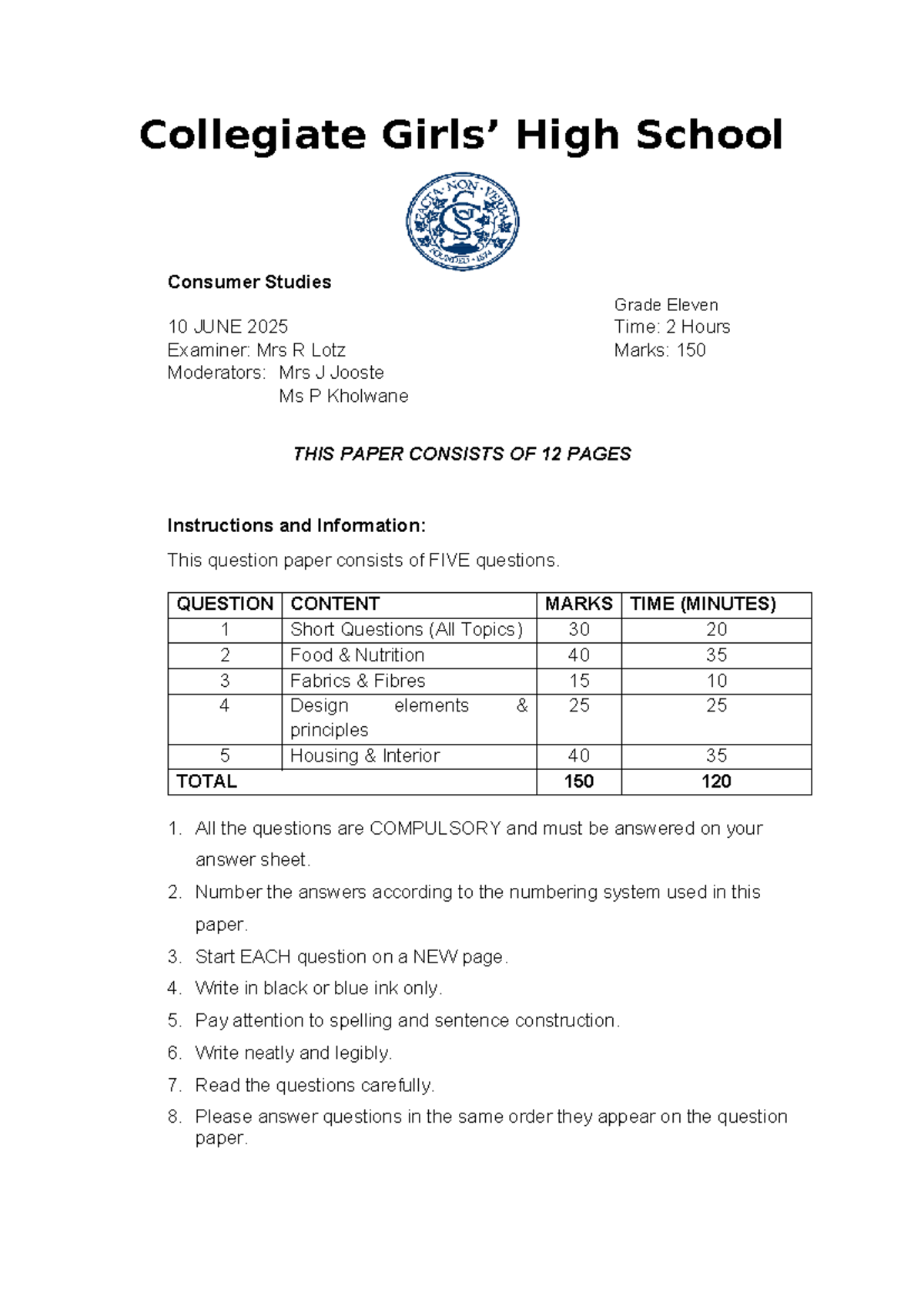 Gr 11 Consumer Studies June 2025 Exam Paper - Studocu
