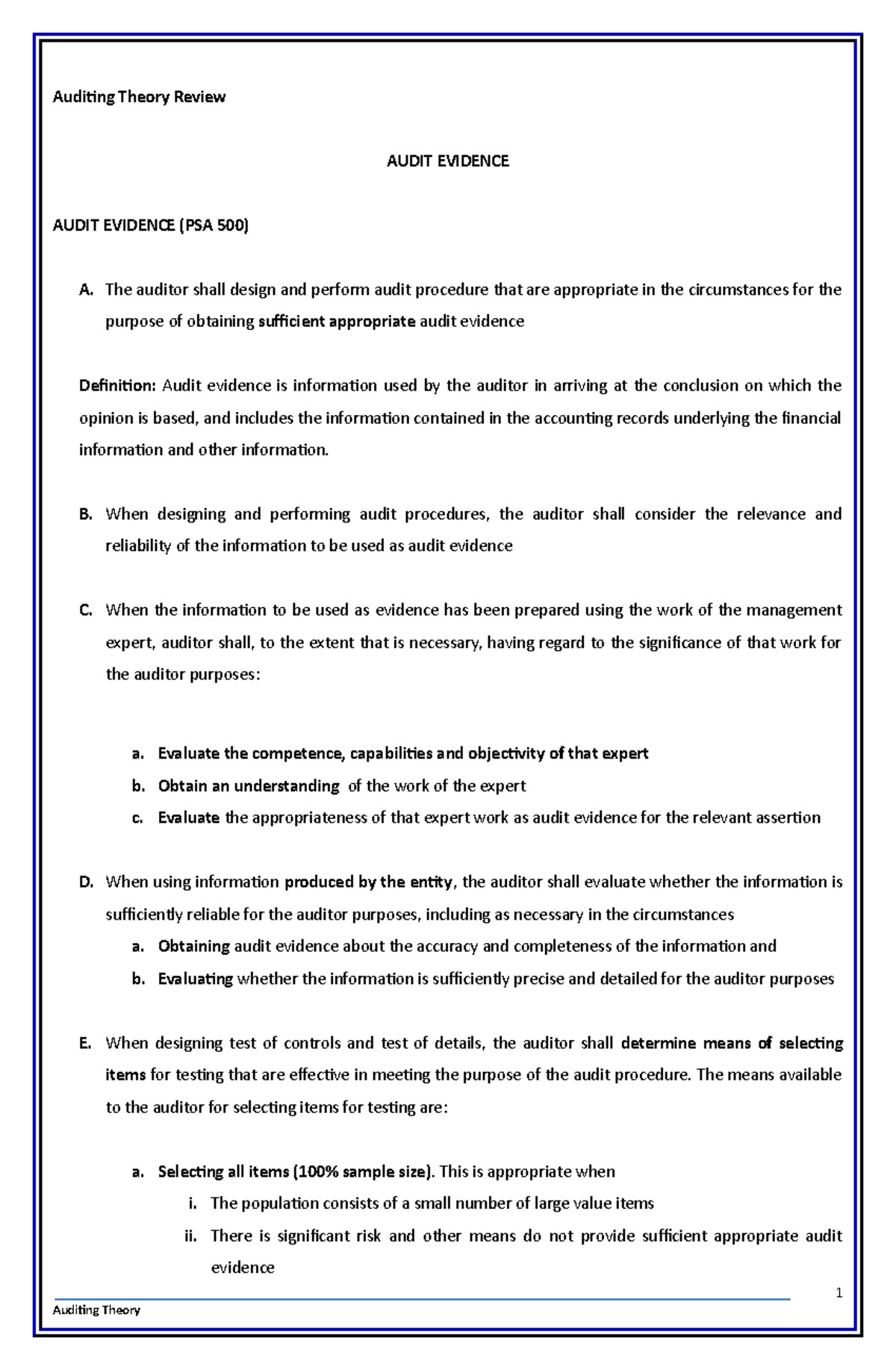 Audit Evidence Overview and Considerations (PSA 500 & PSA 501) - Studocu