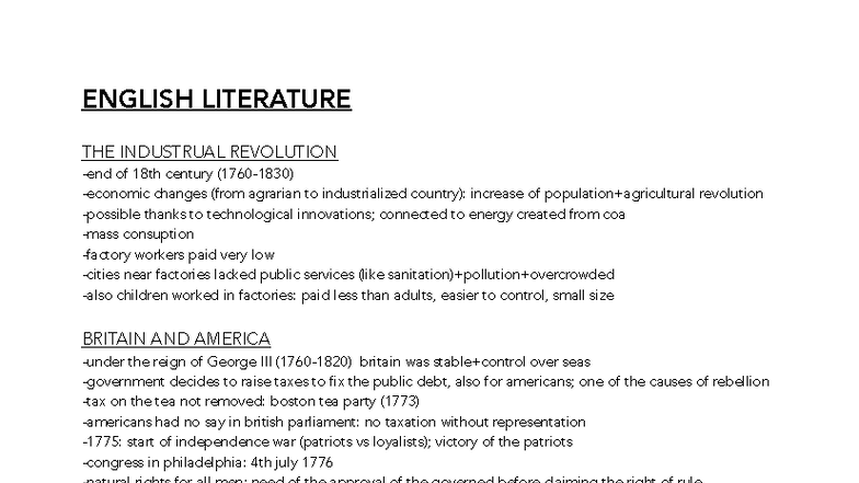 ENGLISH LITERATURE: Summary of Key Themes and Historical Contexts - Studocu