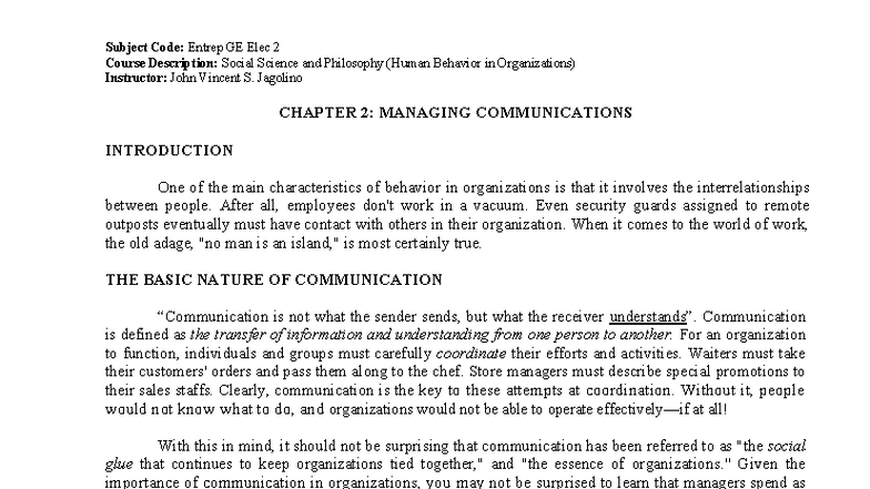 Chapter 2: Managing Communications in HBO SSP - Social Science and Philosophy - Studocu