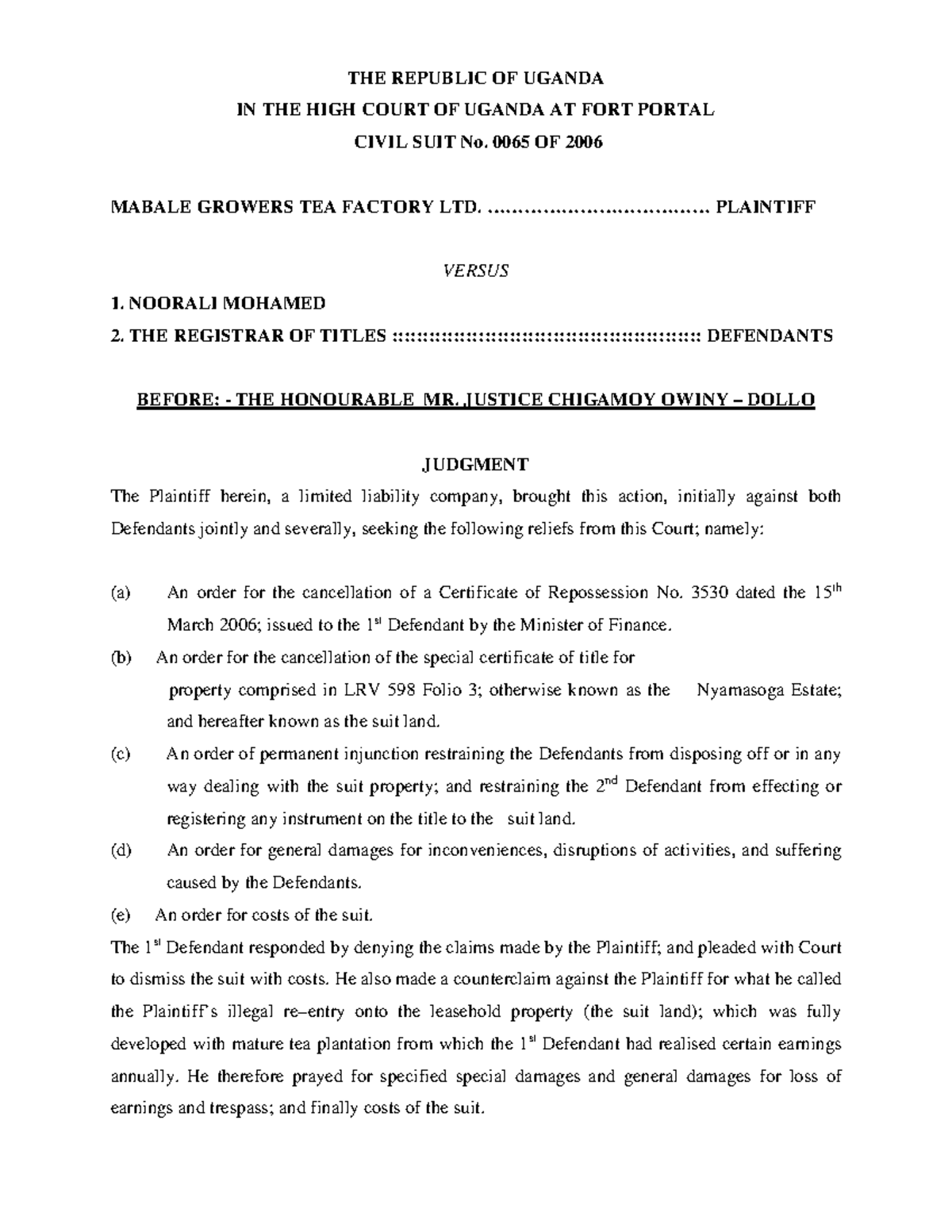 Mabale Growers Tea Factory Ltd v Noorali Mohamed: Civil Suit No. 0065/ ...