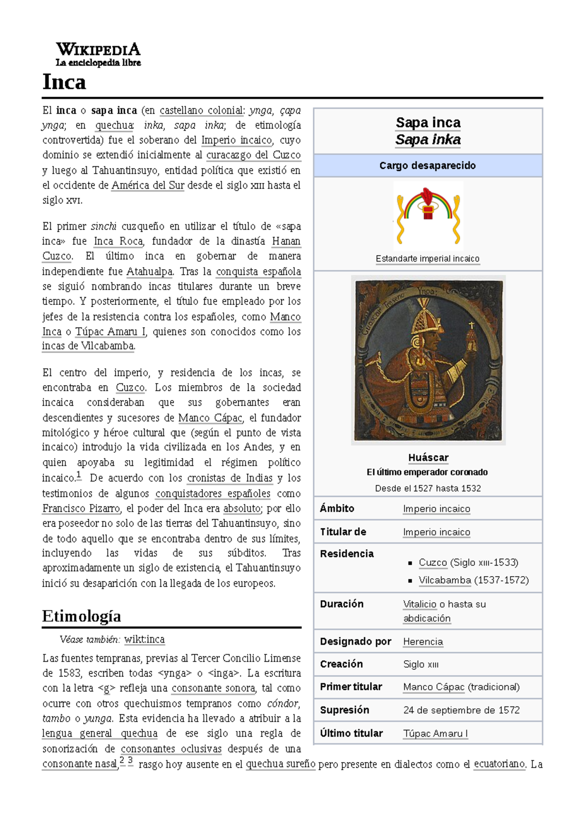 Inca - Resumen sobre el Sapa Inca y su Imperio (Historia) - Studocu