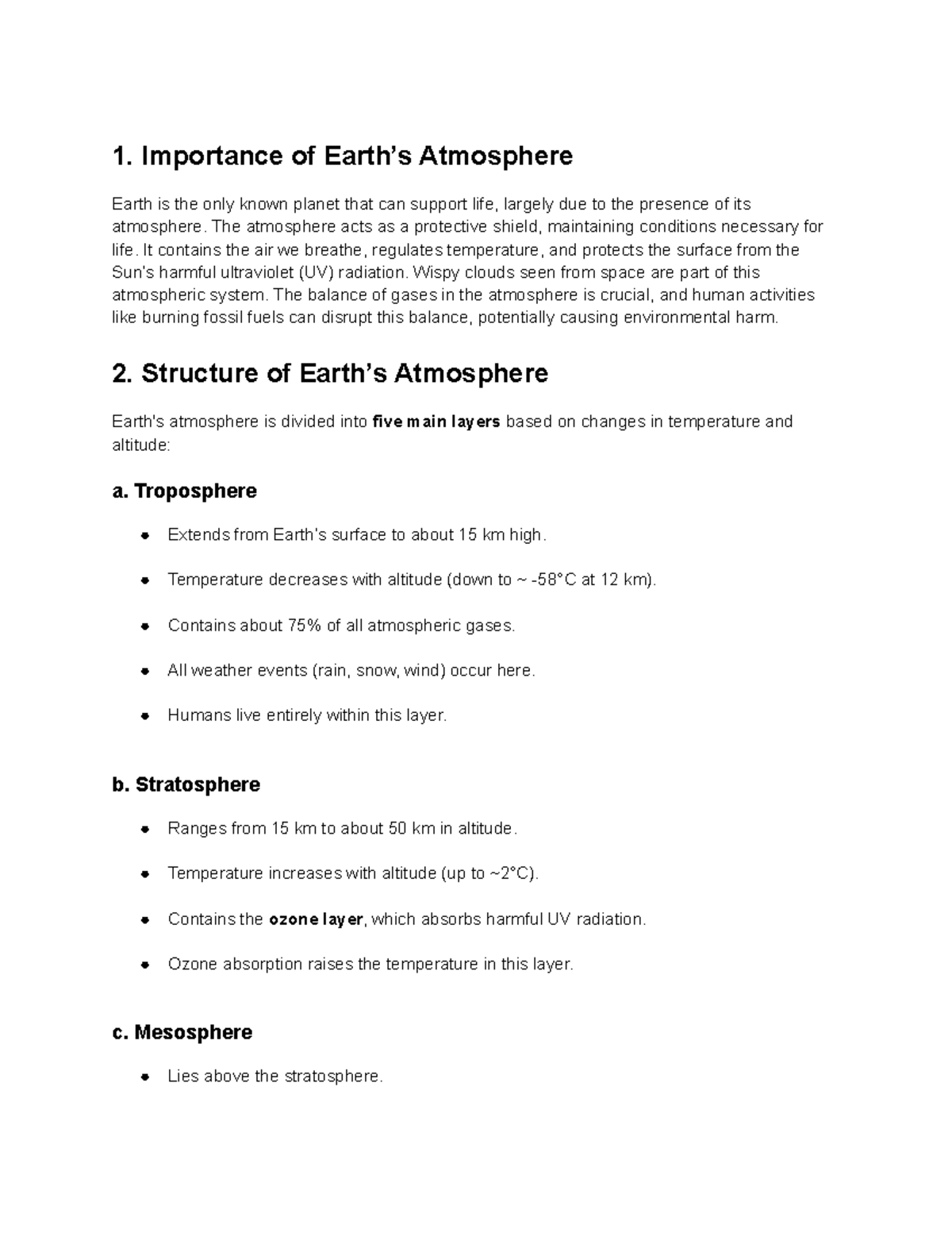 Earth's atmosphere notes: Importance, structure, and composition - Studocu