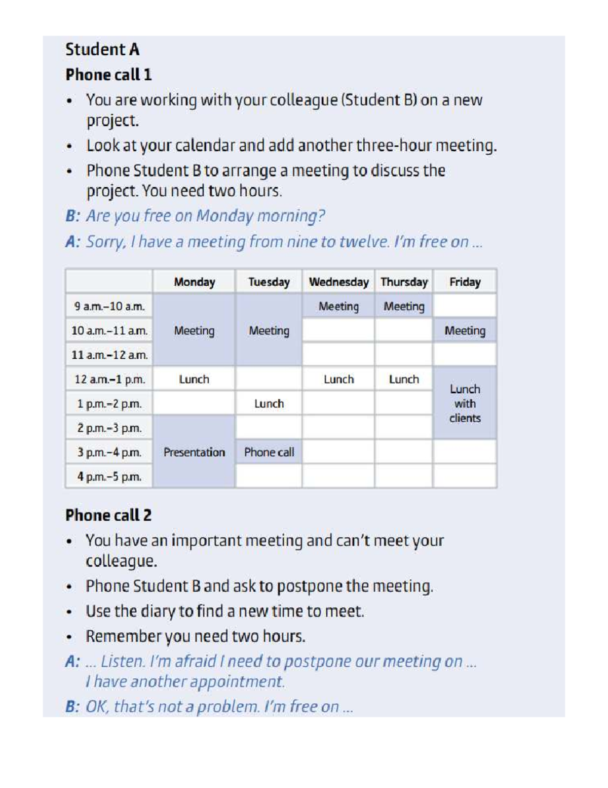 Pair work, arranging meetings, Student A - Student A Phone call 1 You ...