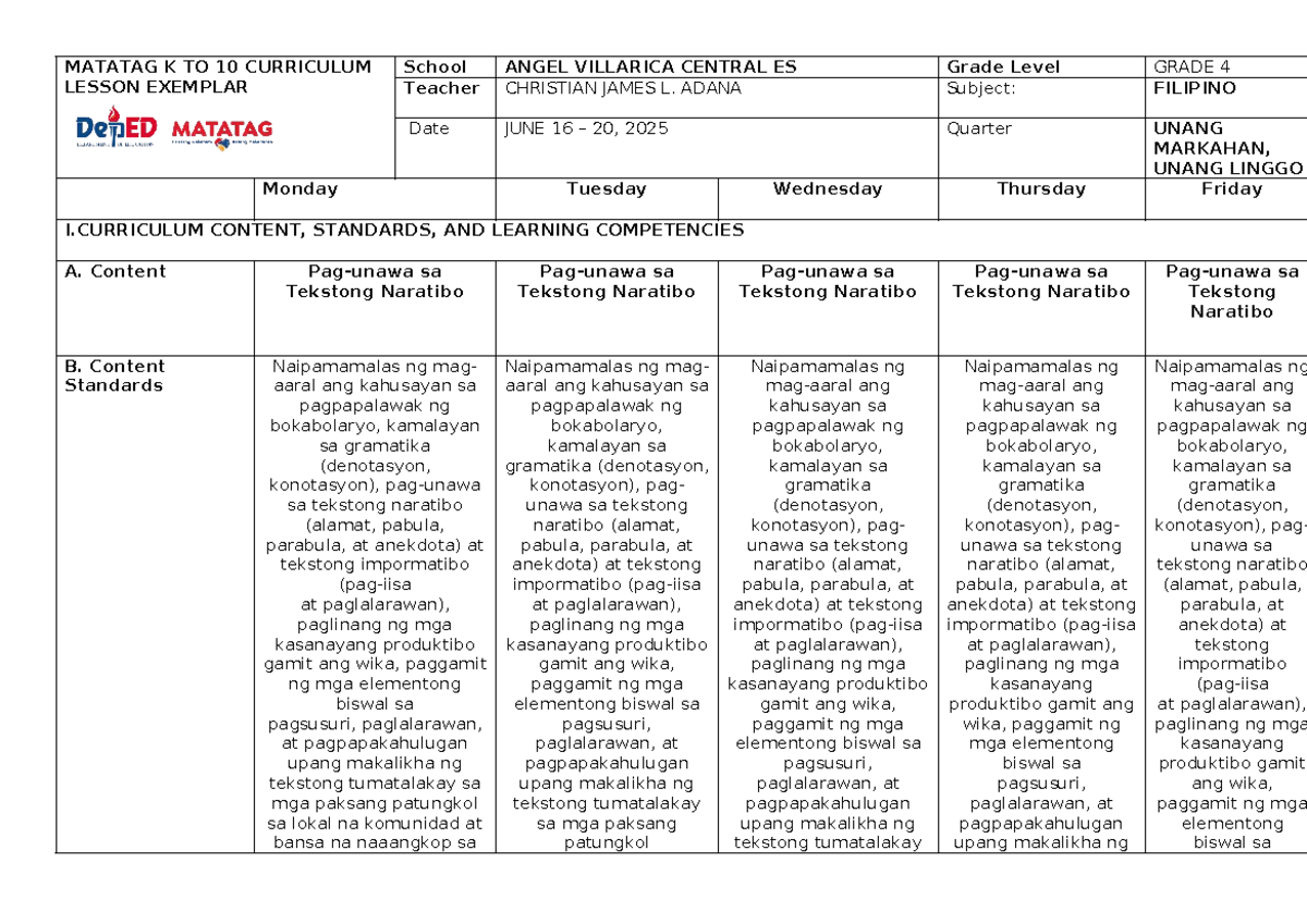 Grade 4 Filipino Lesson Exemplar: Matatag K to 10 Curriculum - Studocu