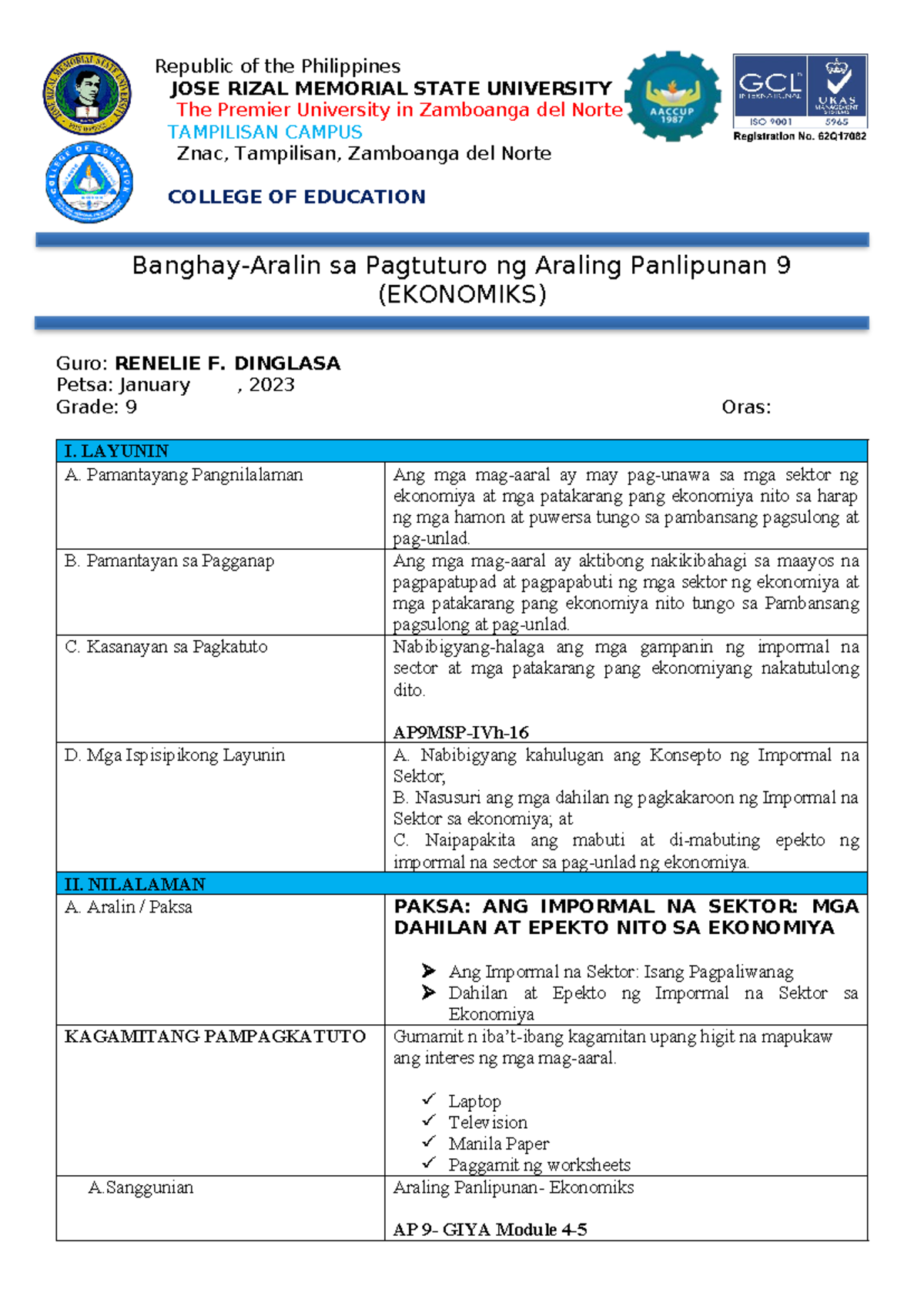 Lesson Plan for Teaching Economics in Grade 9 (AP 9- EKONOMIKS) - Studocu