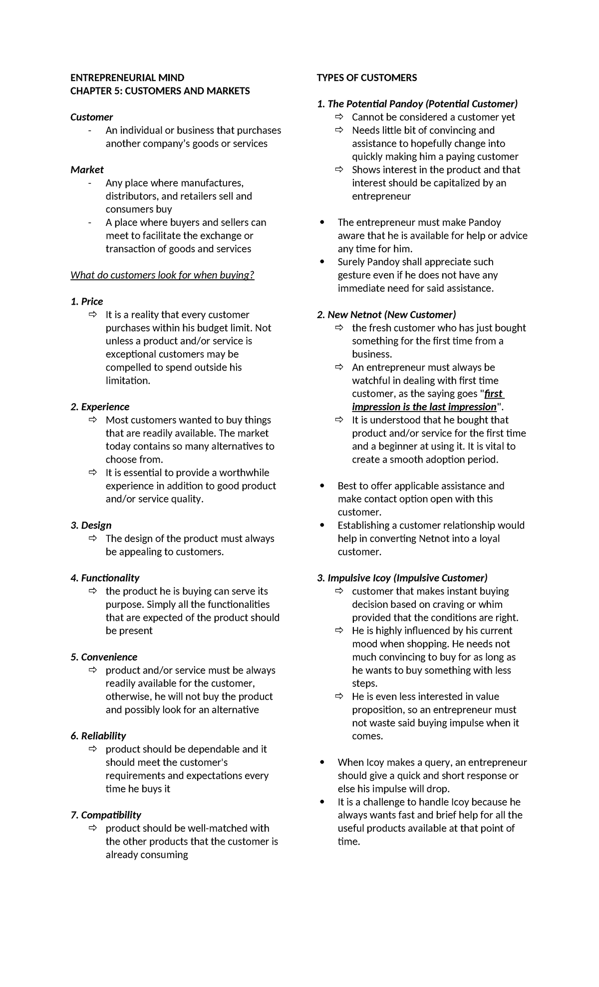 Entrepreneurial MIND Chapter 5 & 6 - ENTREPRENEURIAL MIND CHAPTER 5: CUSTOMERS AND MARKETS ...