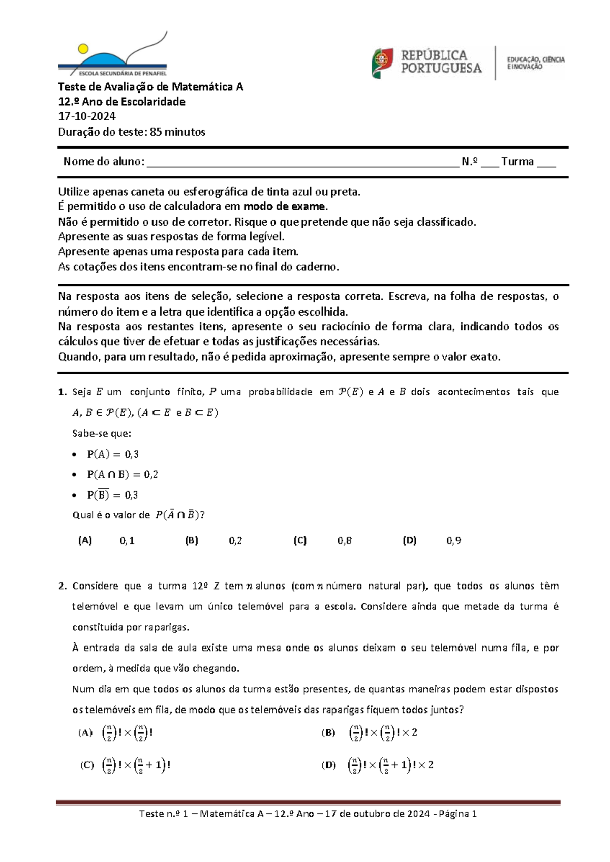 Teste 1 de Matemática A 12.º Ano - 17 de Outubro de 2024 - Studocu