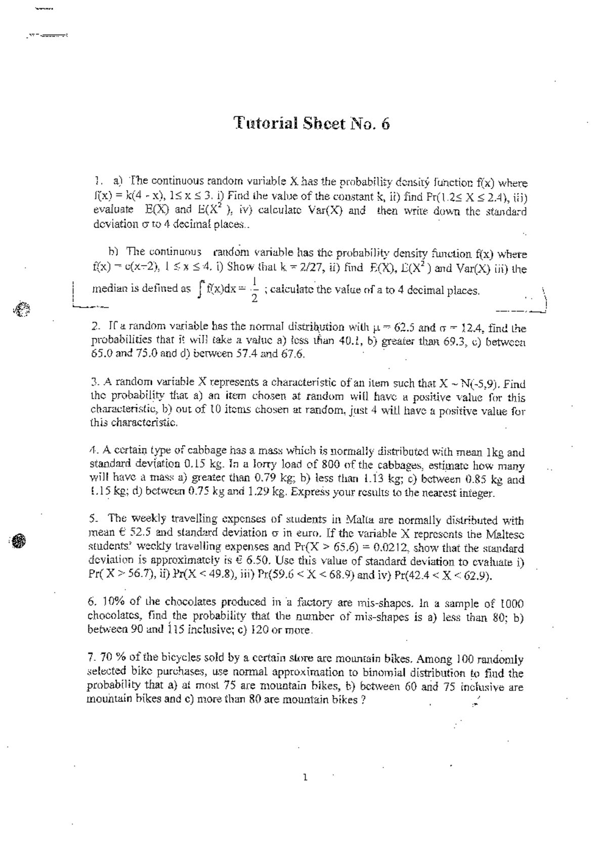 Business Statistics 1 - Tutorial Sheet 6: Probability & Random ...