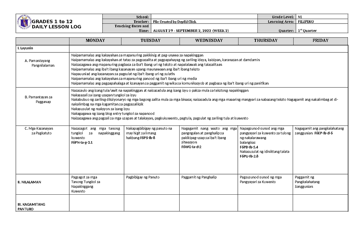 Daily Lesson Log: Filipino 6 (DLL) for Week 2, 1st Quarter - Studocu
