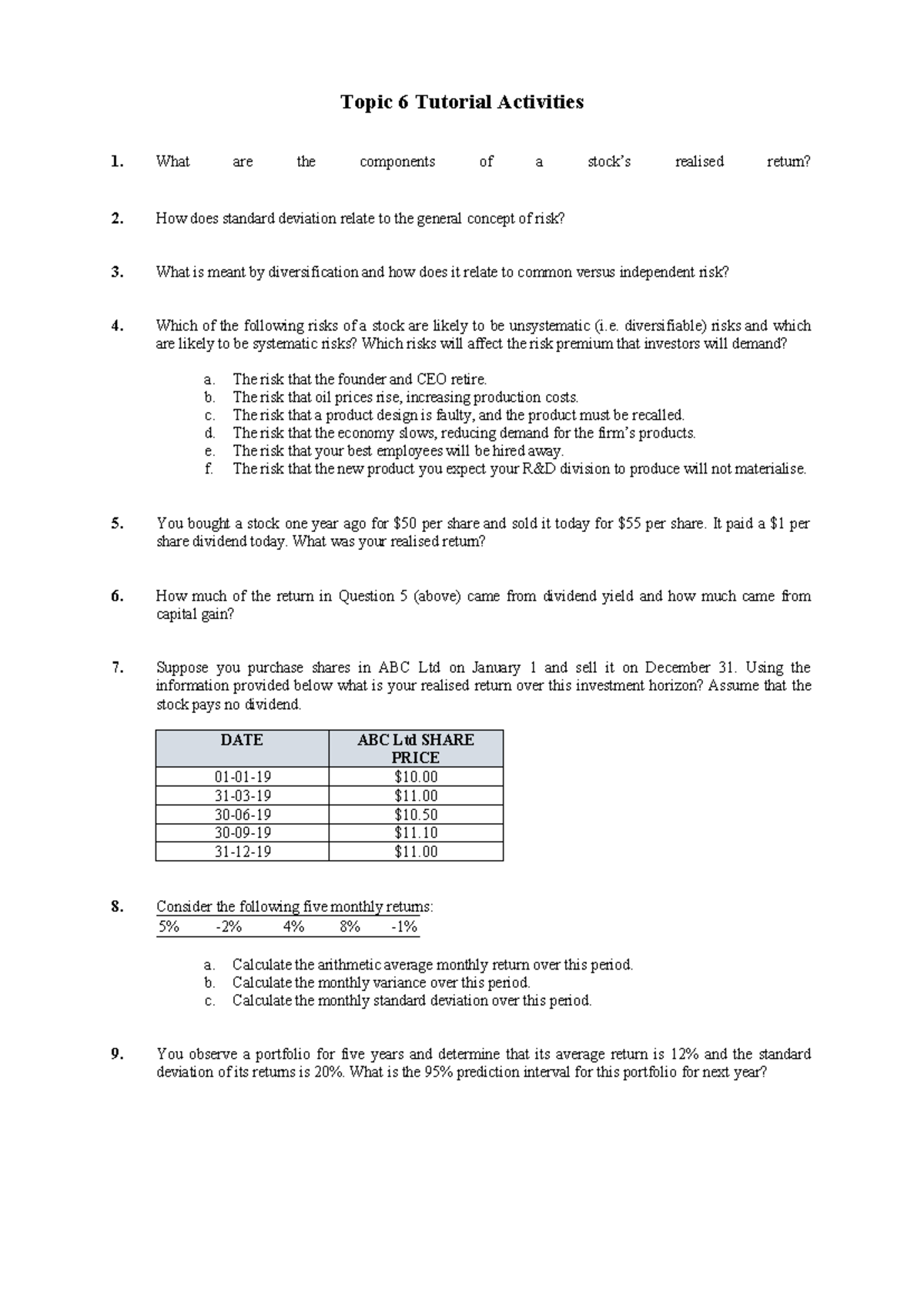 Topic 6 - Risk and Return Analysis in Capital Markets Tutorial ...