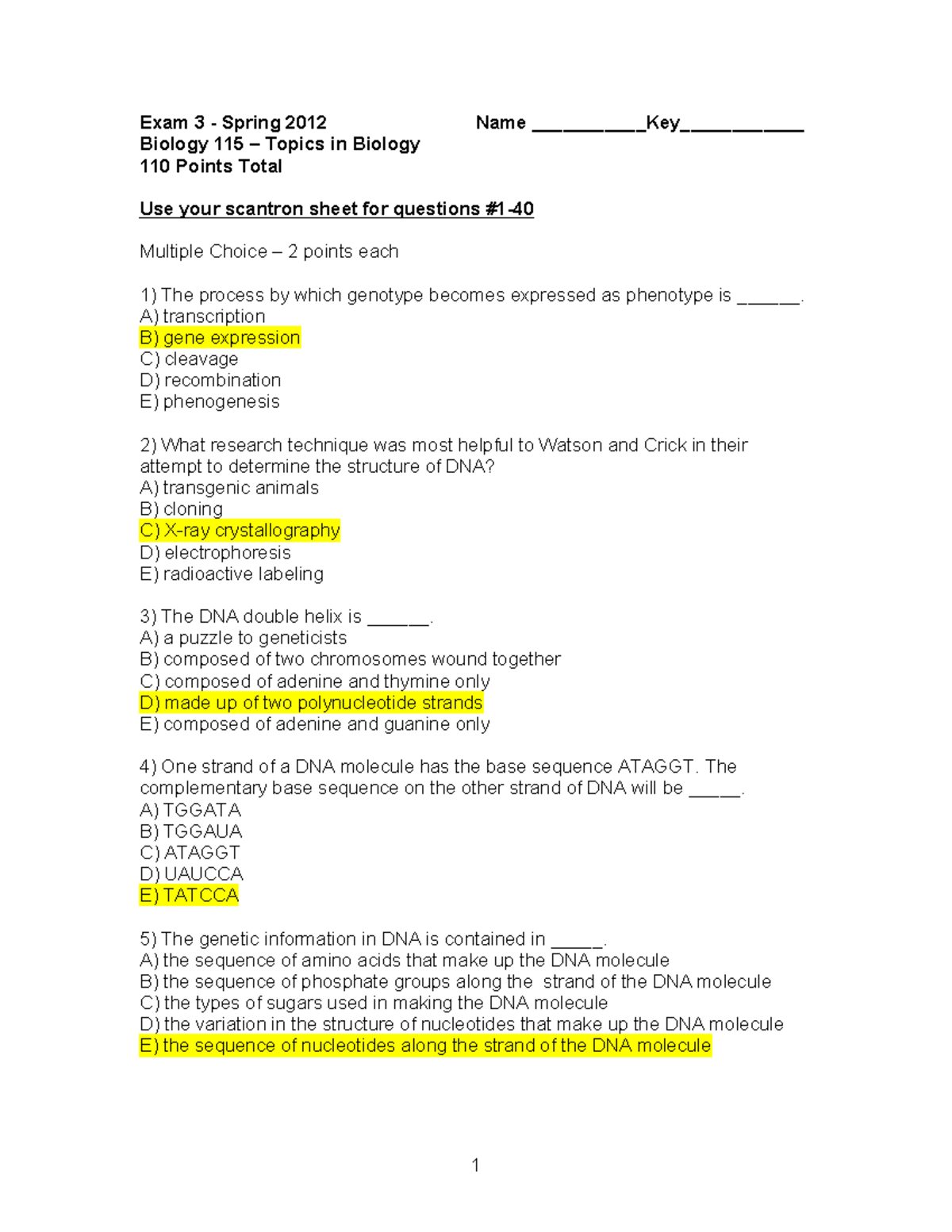 Bio 115 Exam 3 - Spring 2012 Key and Answer Guide - Studocu