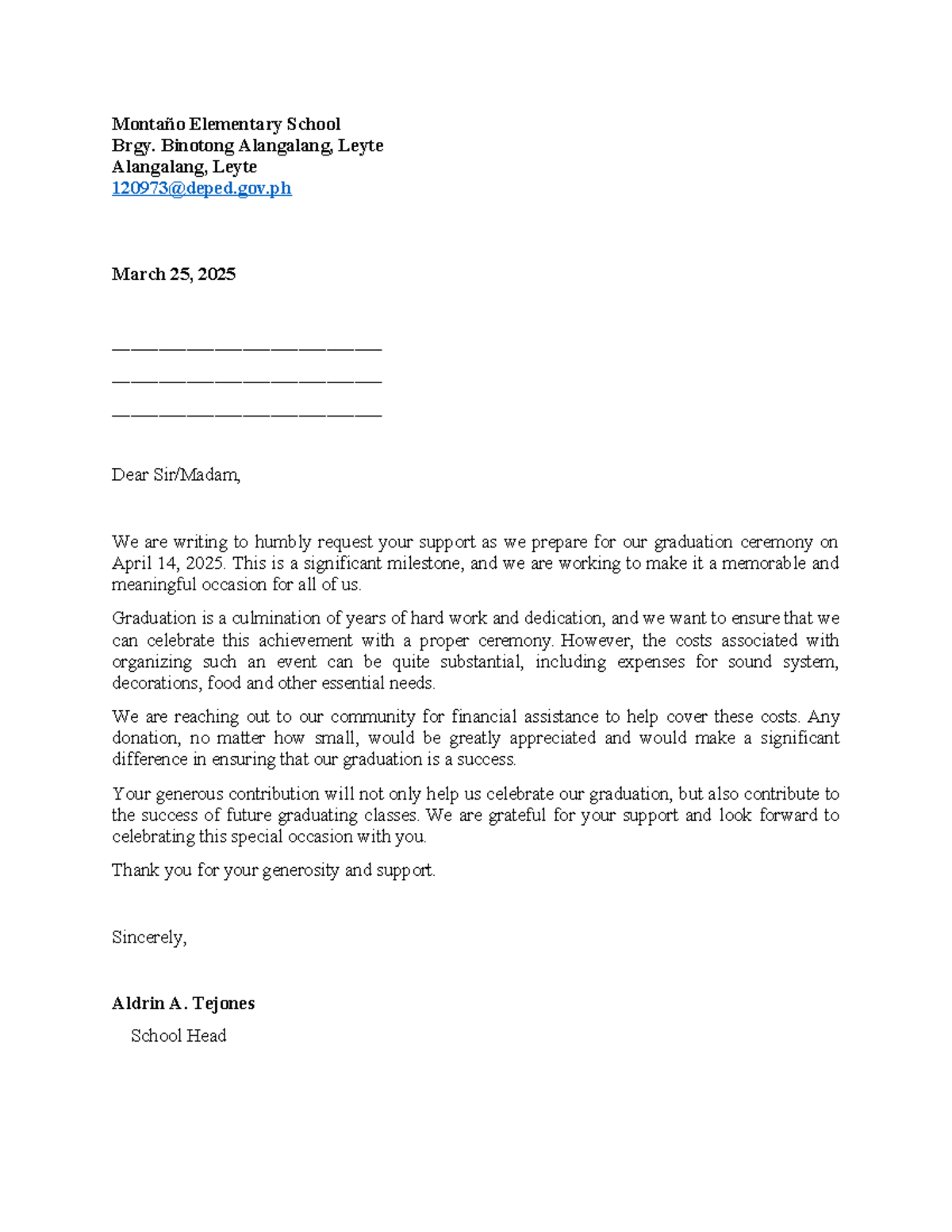 Graduation Ceremony Fundraising Request - Montaño Elementary School ...