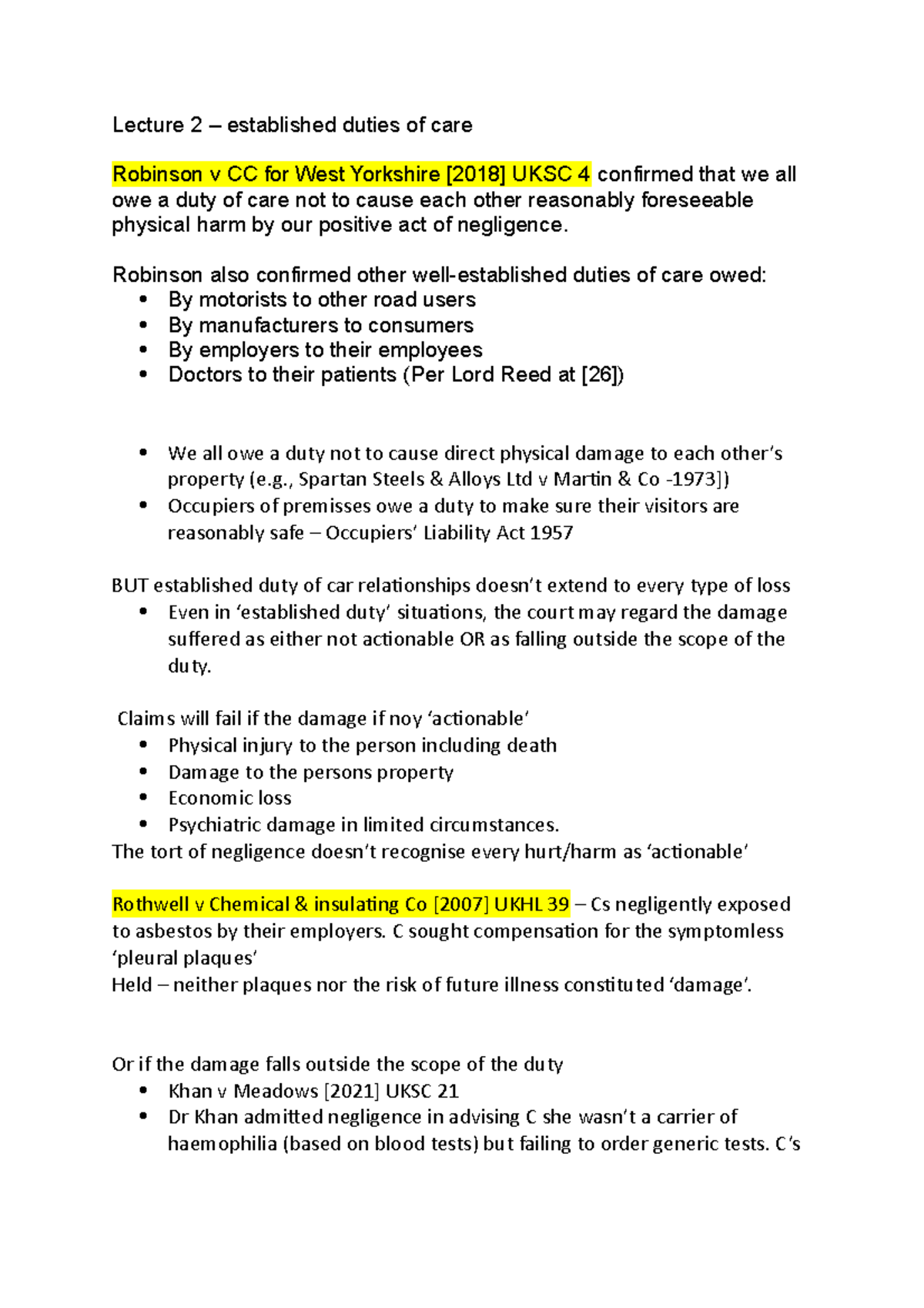 Established Duty of Care - Lecture 2 – established duties of care ...