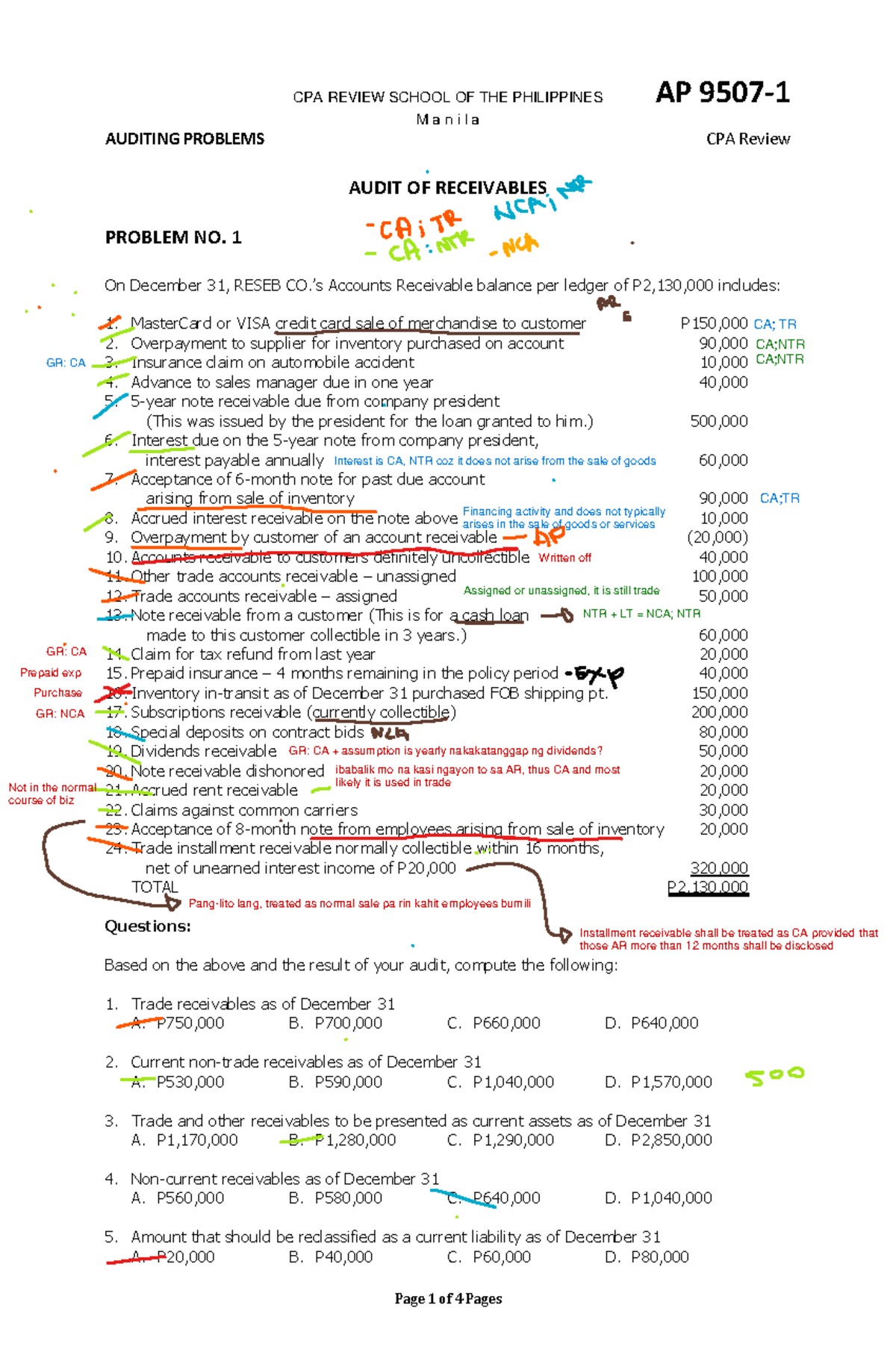 Ap Cpa Review Audit Of Receivables Problems Manila Studocu