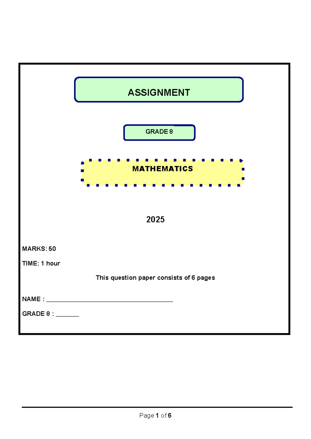 Grade 8 Mathematics Assignment 2025: Comprehensive Question Paper - Studocu