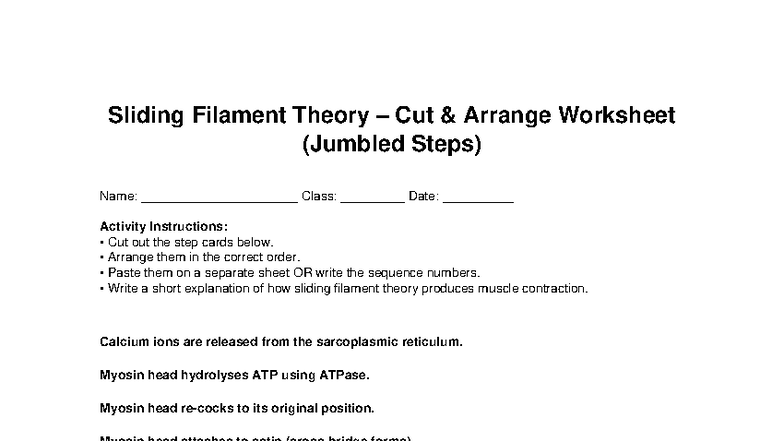 Sliding Filament Theory Worksheet (Jumbled Steps) - Studocu