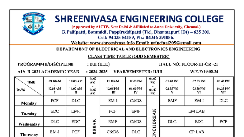 B.E. Electrical & Electronics Engineering Class Timetable 2024-25 ODD ...