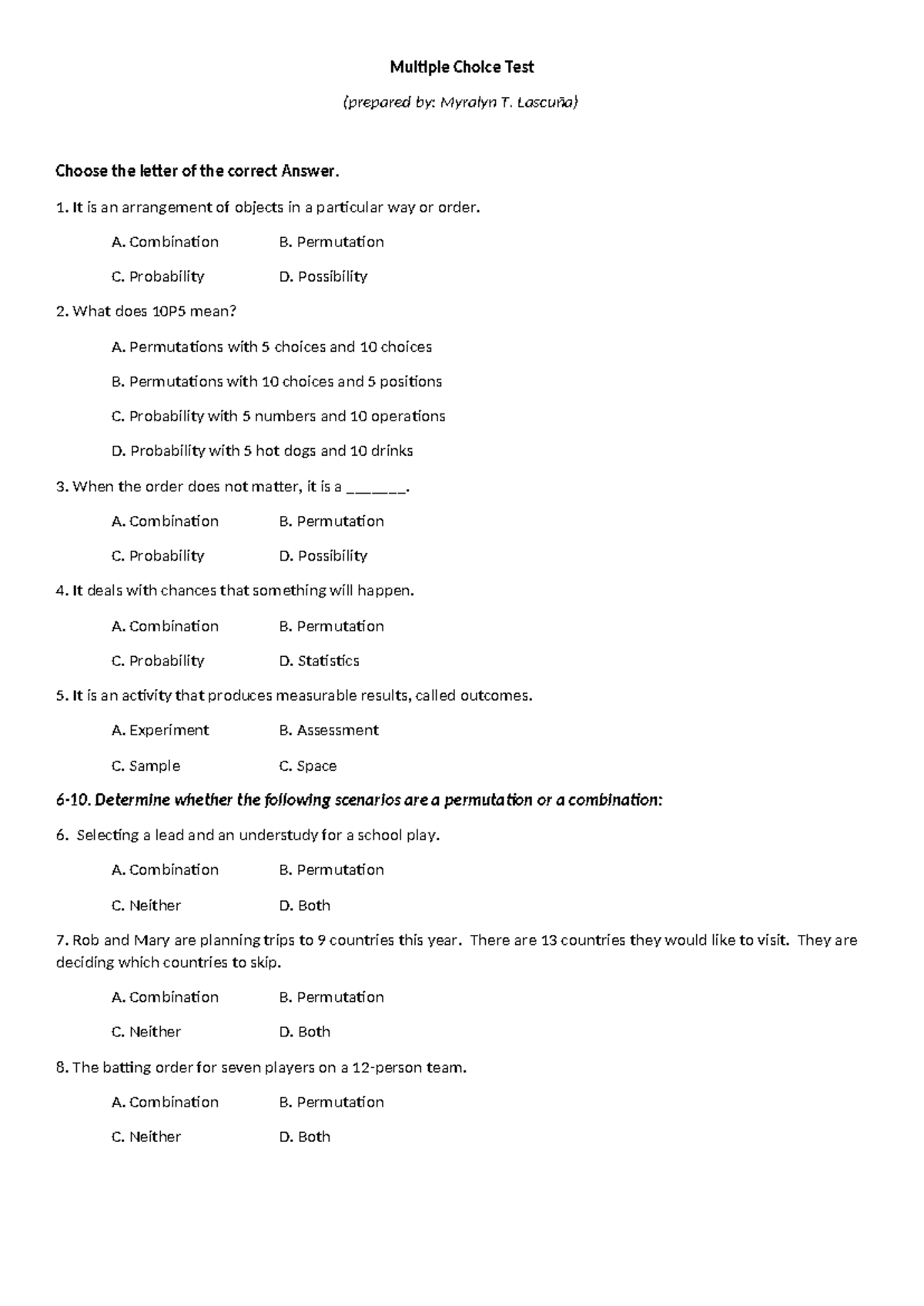Grade 10 MCQ Exam on Permutations and Combinations - Studocu