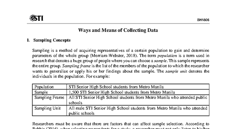 SH1806 Sampling Concepts and Methods: A Comprehensive Guide - Studocu