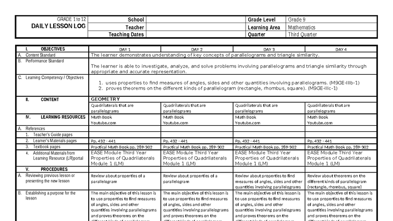 Quarter 3 - WEEK 3 DLL MATH 9 - GRADE 1 to 12 DAILY LESSON LOG School ...