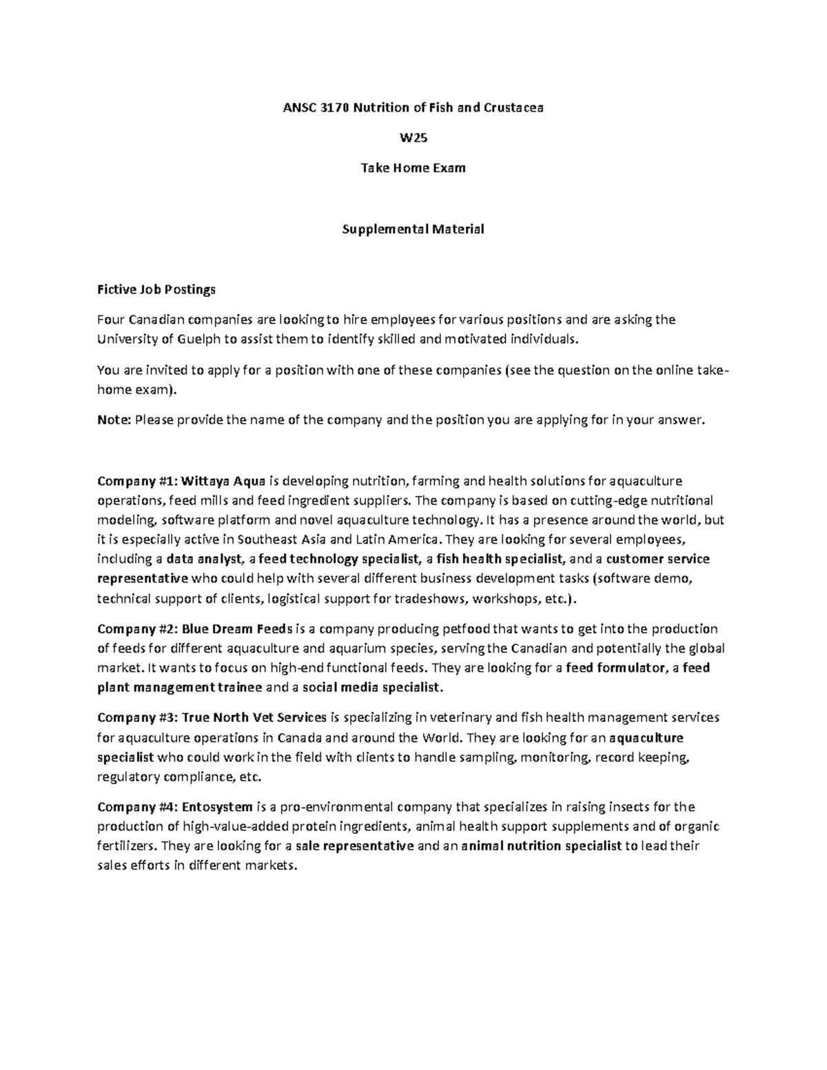 ANSC 3170 W25 Final Take Home Exam: Fictive Job Postings - Studocu