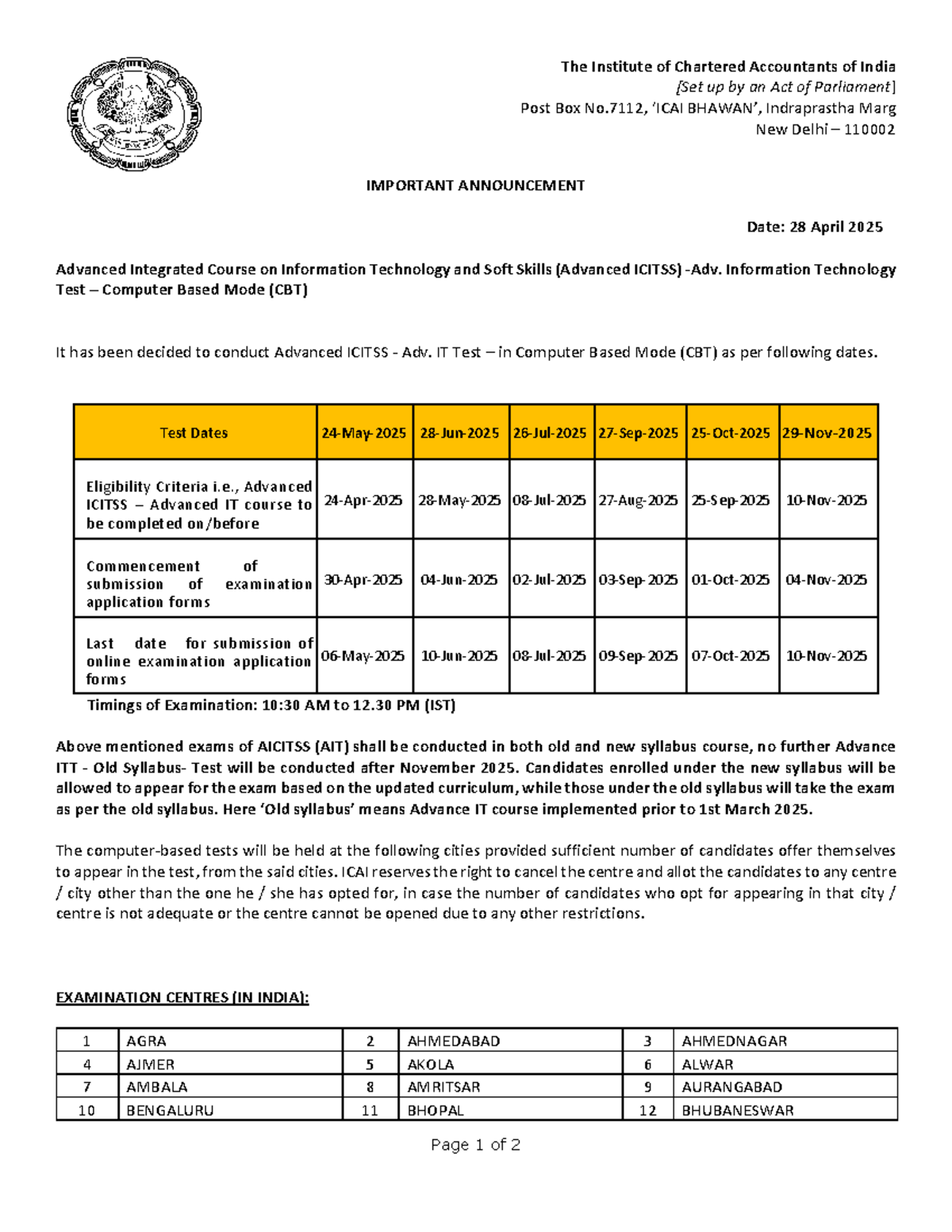 Advanced ICITSS AIT Test Dates & Details - Important Announcement - Studocu