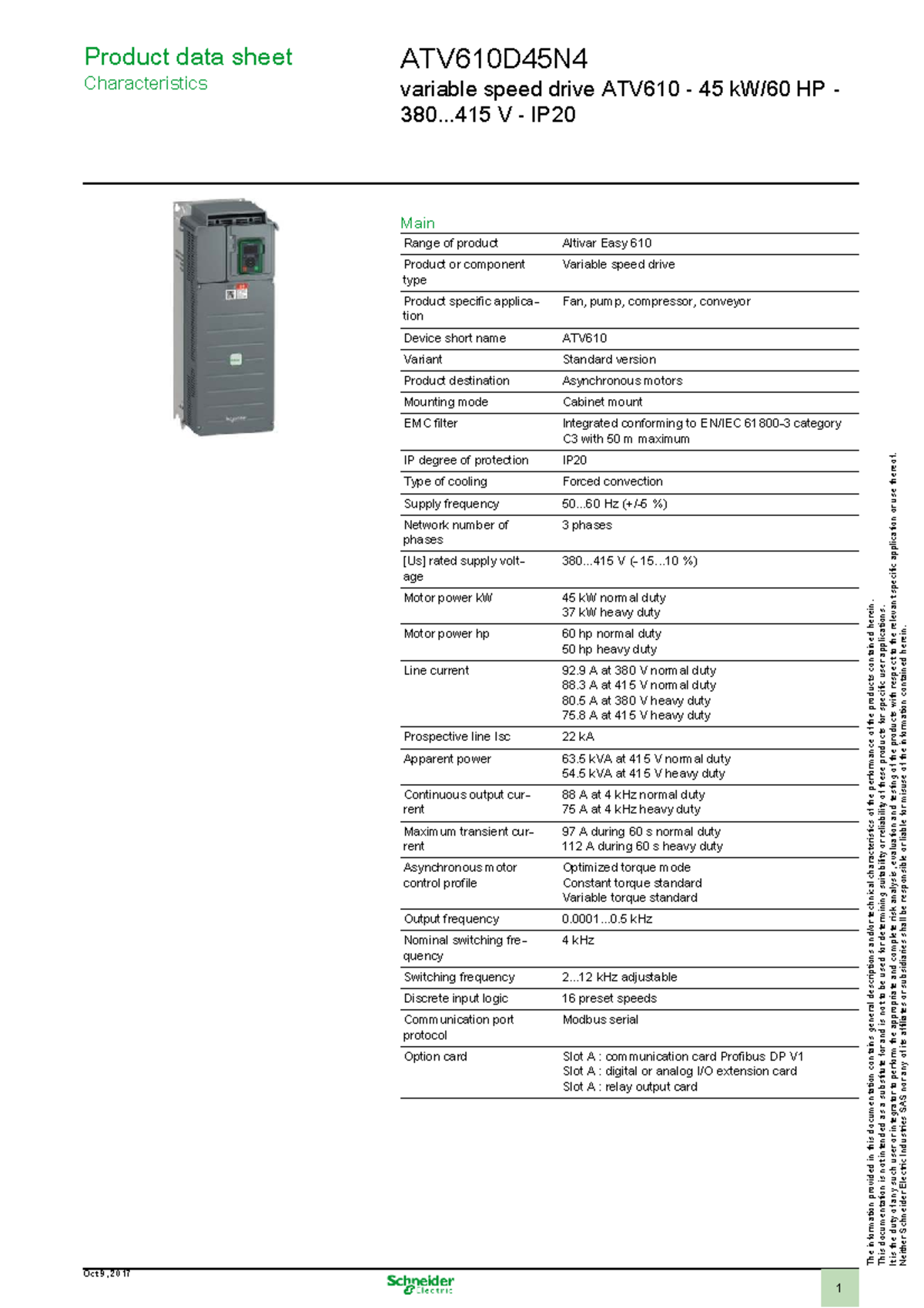 ATV610D45N4 - Product Data Sheet for Variable Speed Drive - Studocu