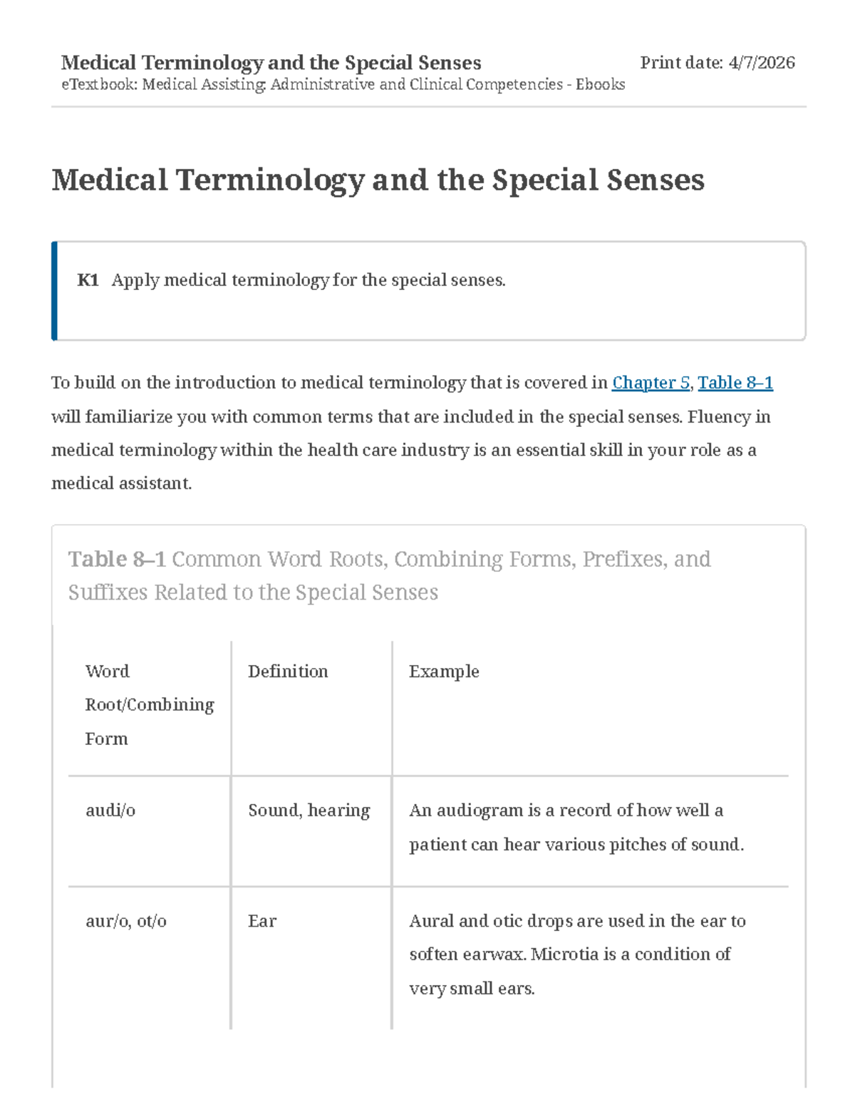 Medical Terminology for Special Senses - K1 Study Guide - Studocu
