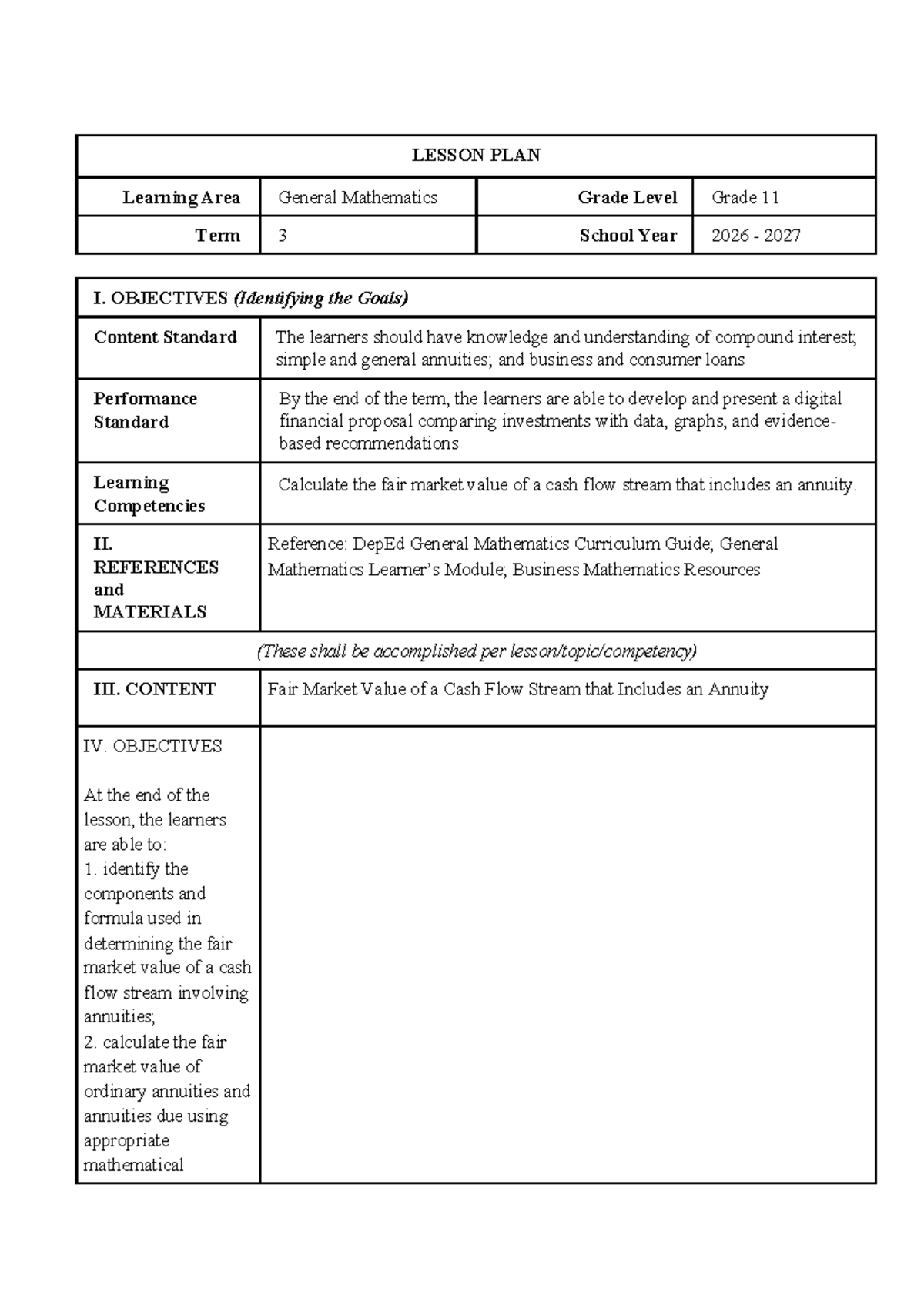 Inclusive Lesson Plan for General Mathematics (Grade 11) with Mini ...