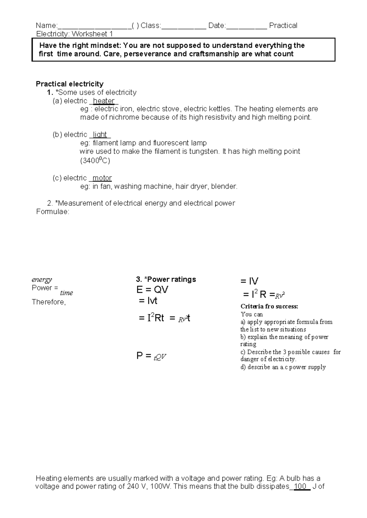 Phy Practical Electricity: Worksheet 1 - Key Concepts and Applications ...