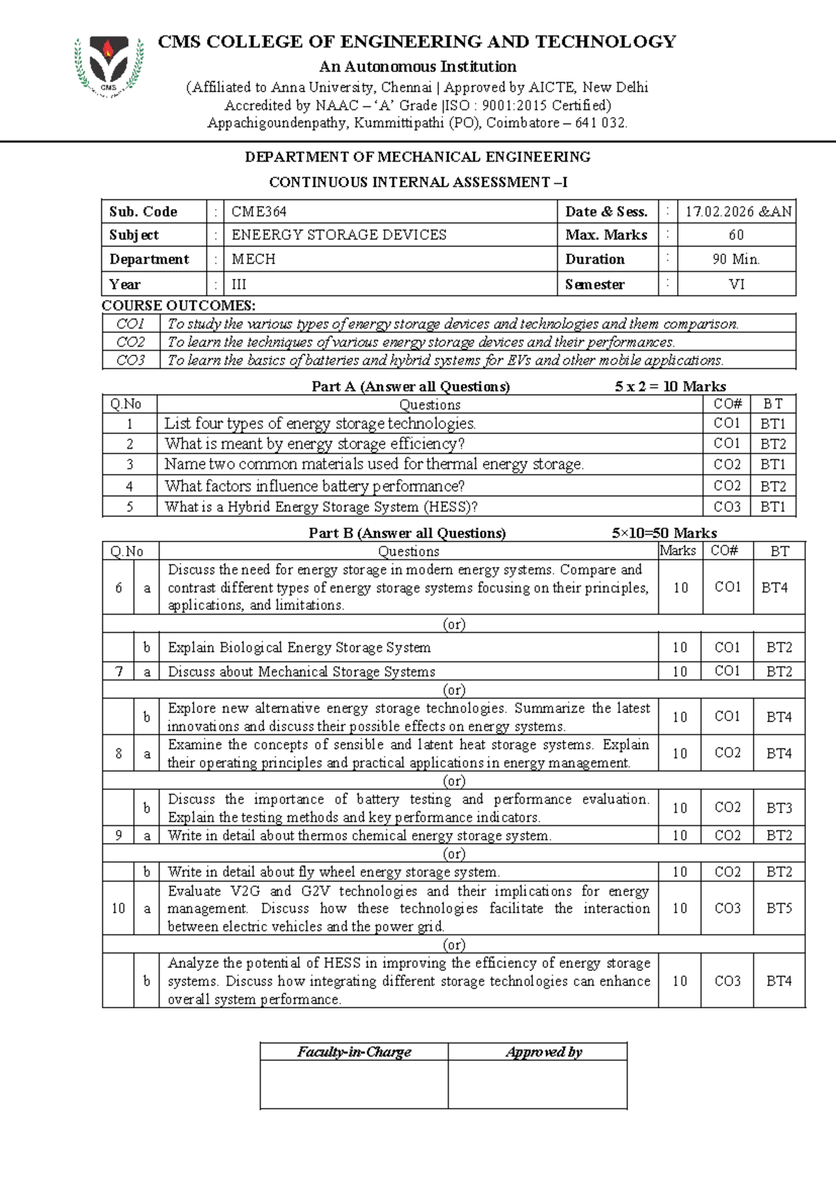 CME364 Continuous Internal Assessment: Energy Storage Devices QP 25-26 ...