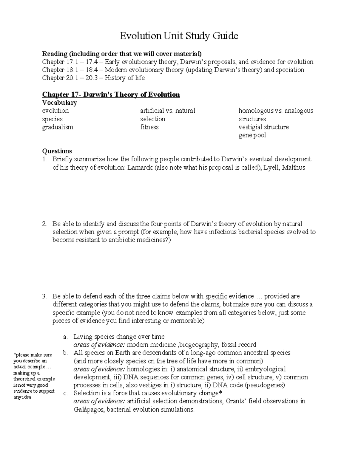 Evolution Unit Study Guide (BIO101: Chapters 17-20) - Evolution Unit ...